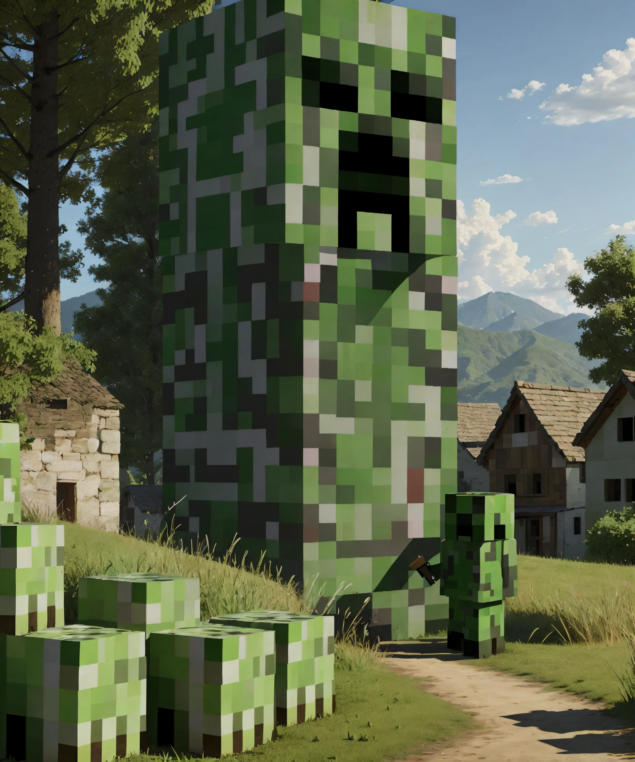 Stable Diffusion Prompt: Minecraft creeper lurking near a house and small building