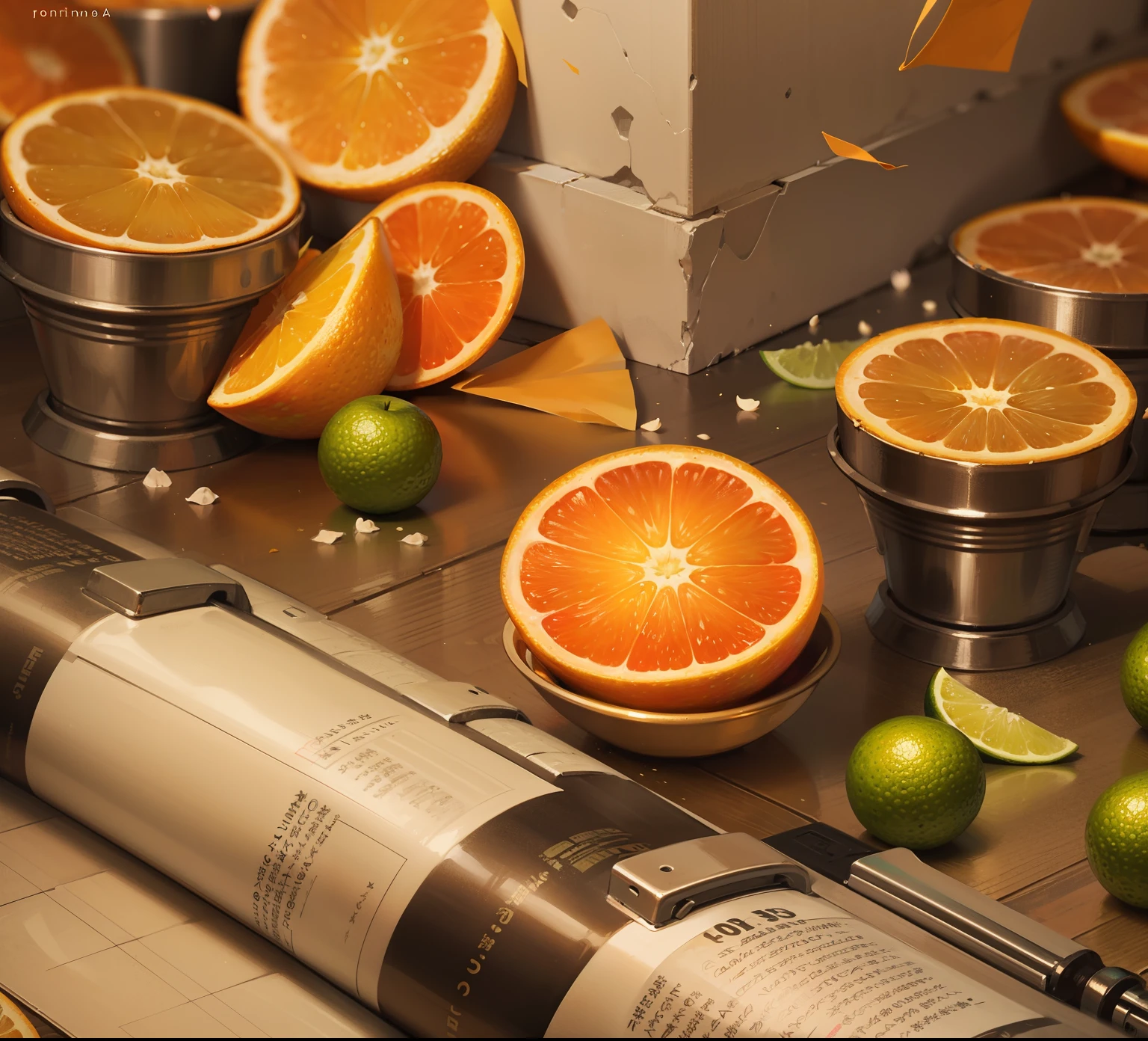 Stable Diffusion Prompt: Oranges, limes, and juicer on table for fresh ...