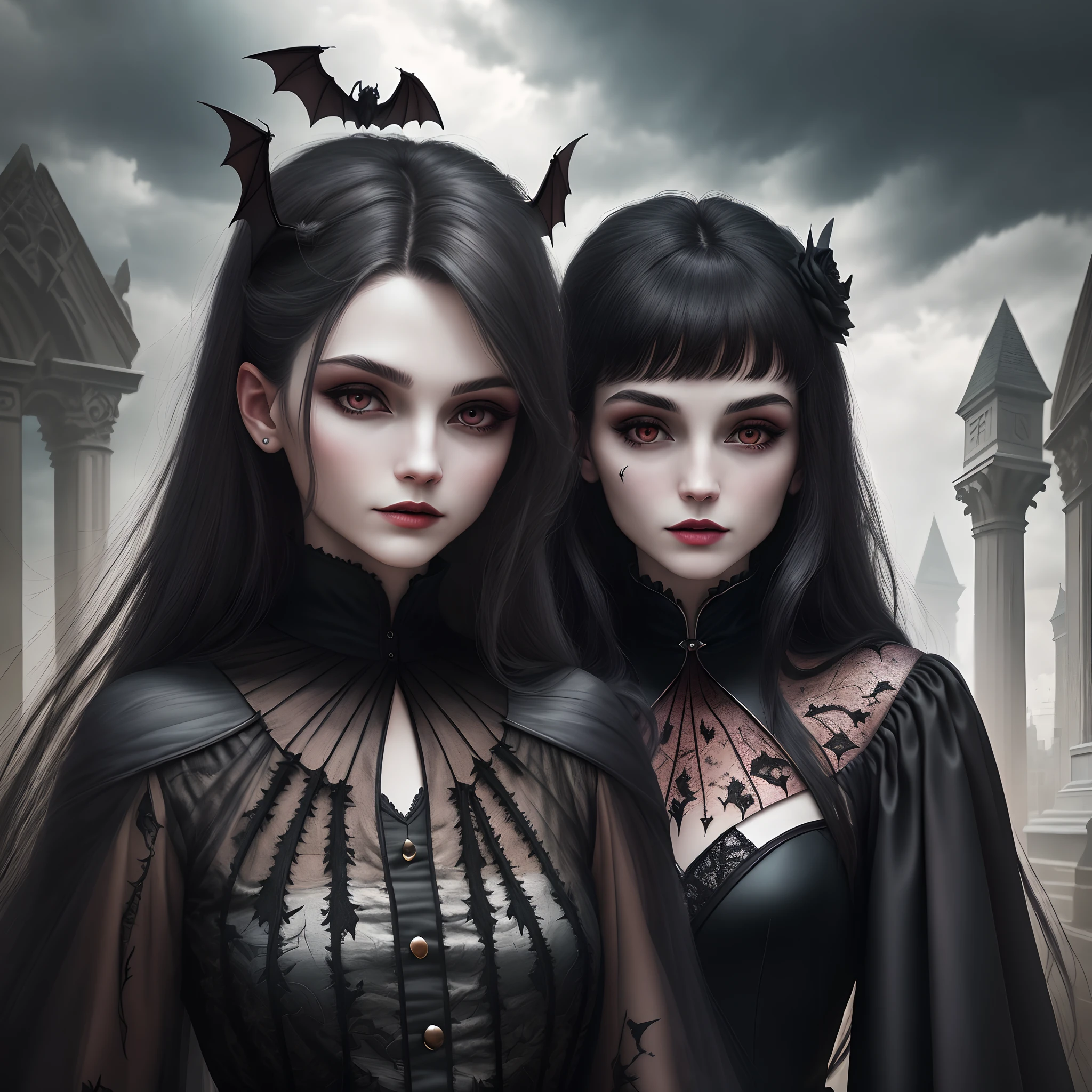 Stable Diffusion Prompt: Gothic women in costumes pose before a castle ...