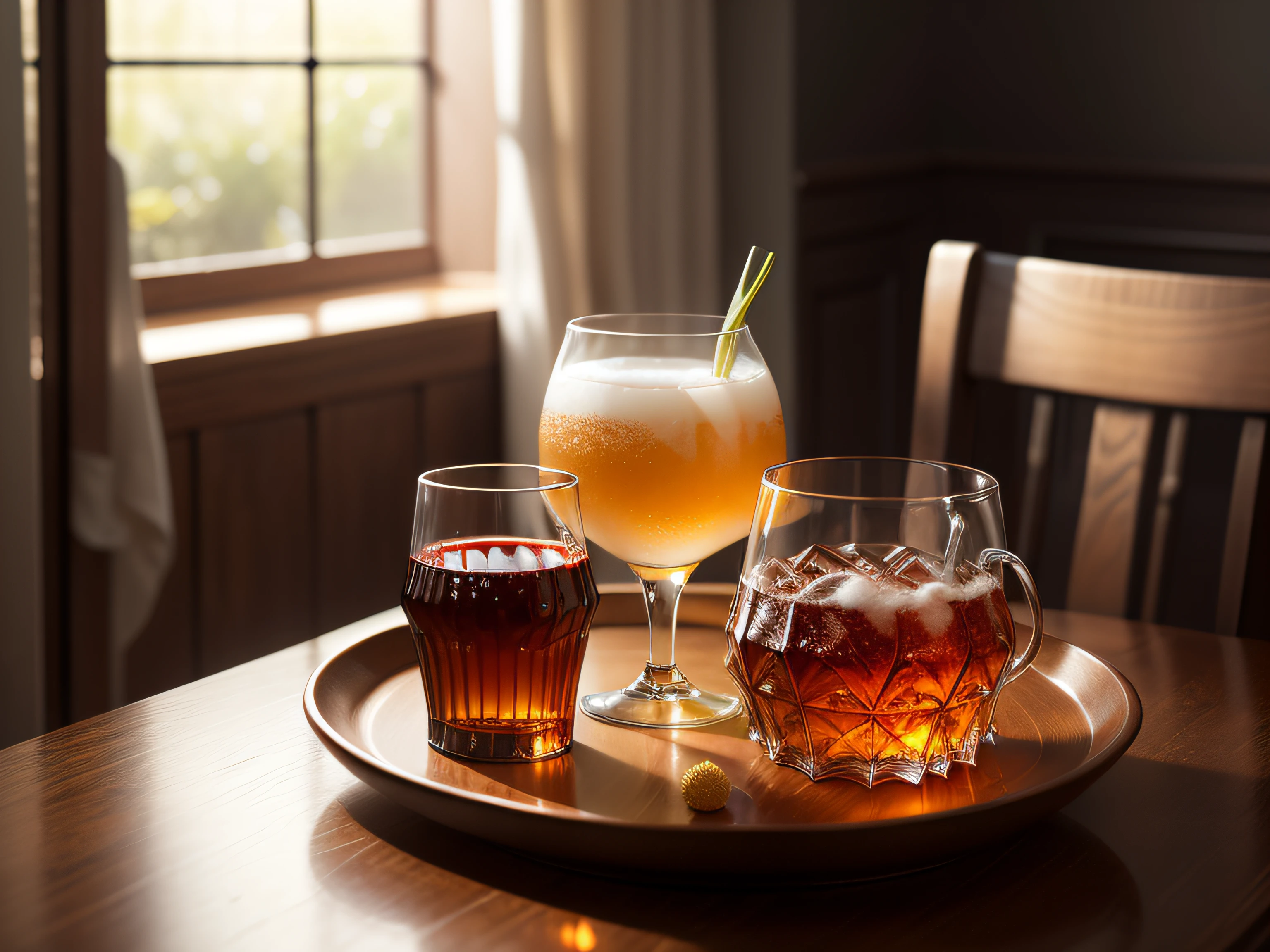 Stable Diffusion Prompt: Two beers and a juice glass sit on a table