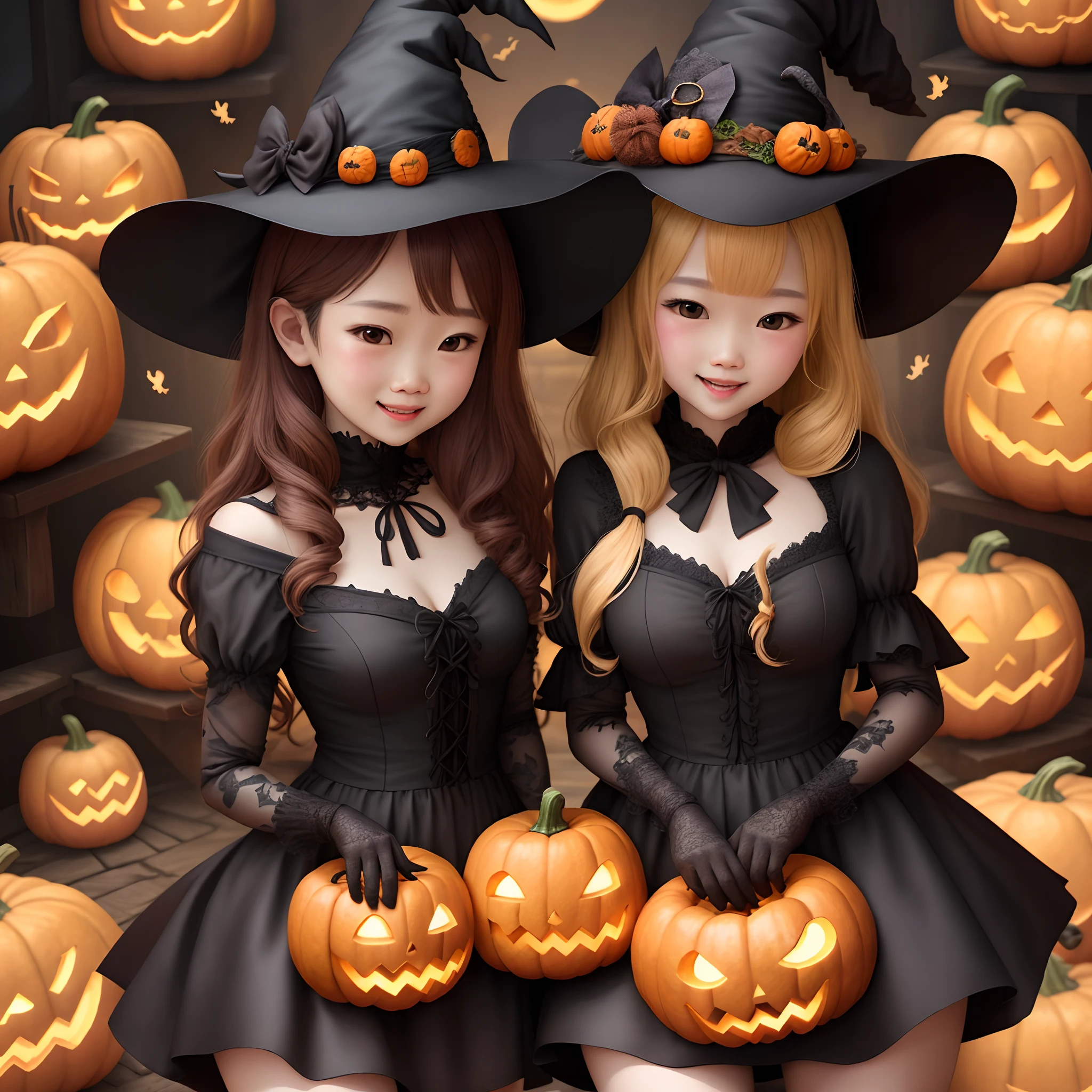 Stable Diffusion Prompt: Two girls in black dresses and hats hold pumpkins