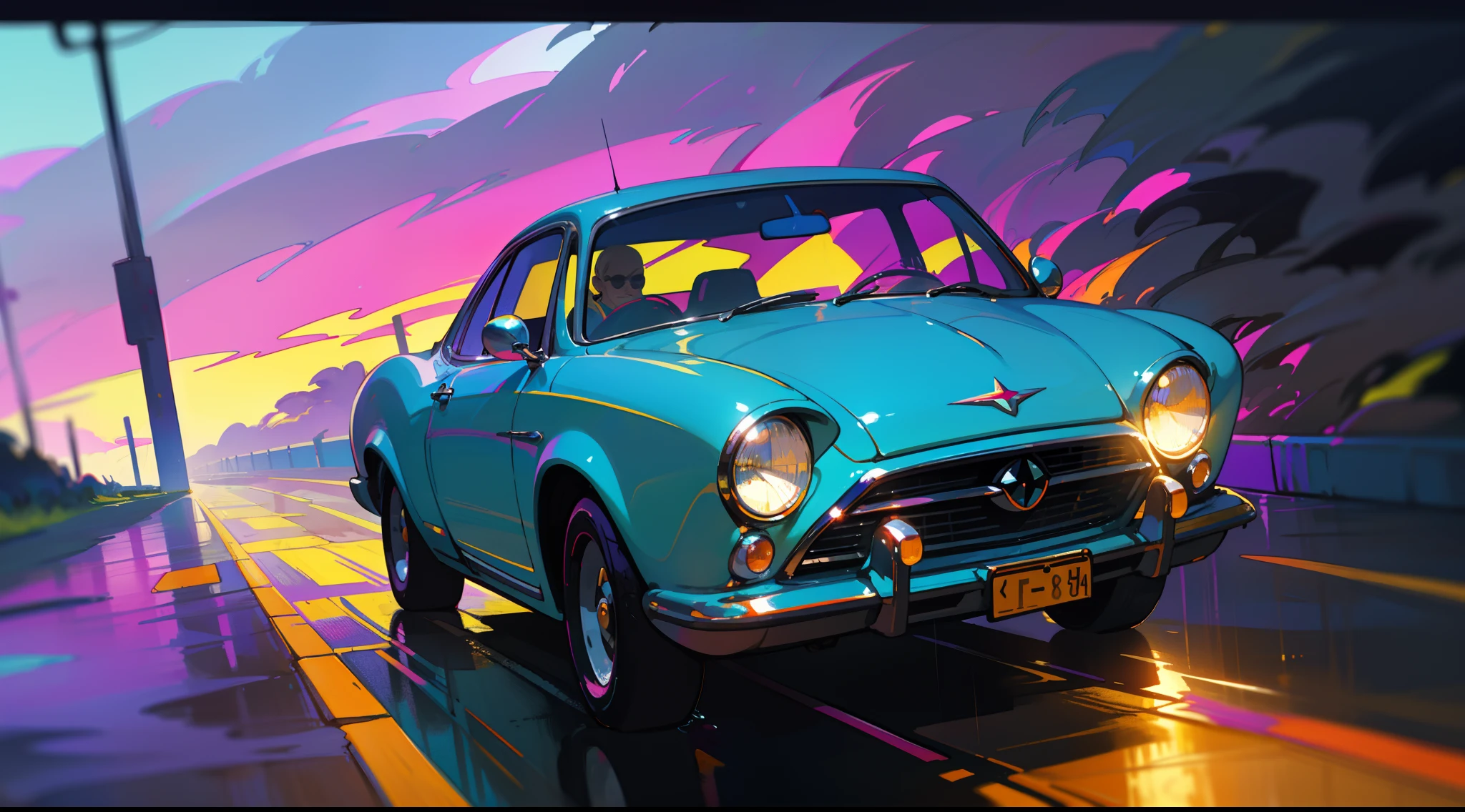 Stable Diffusion Prompt: Painting of a car driving down a street with a ...