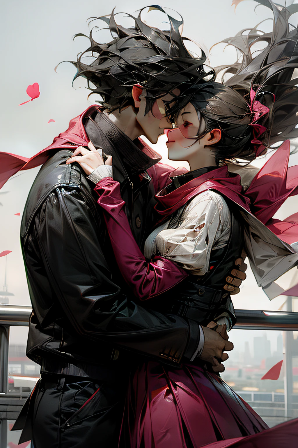 Stable Diffusion Prompt: Couple sharing a kiss amid flying paper for ...