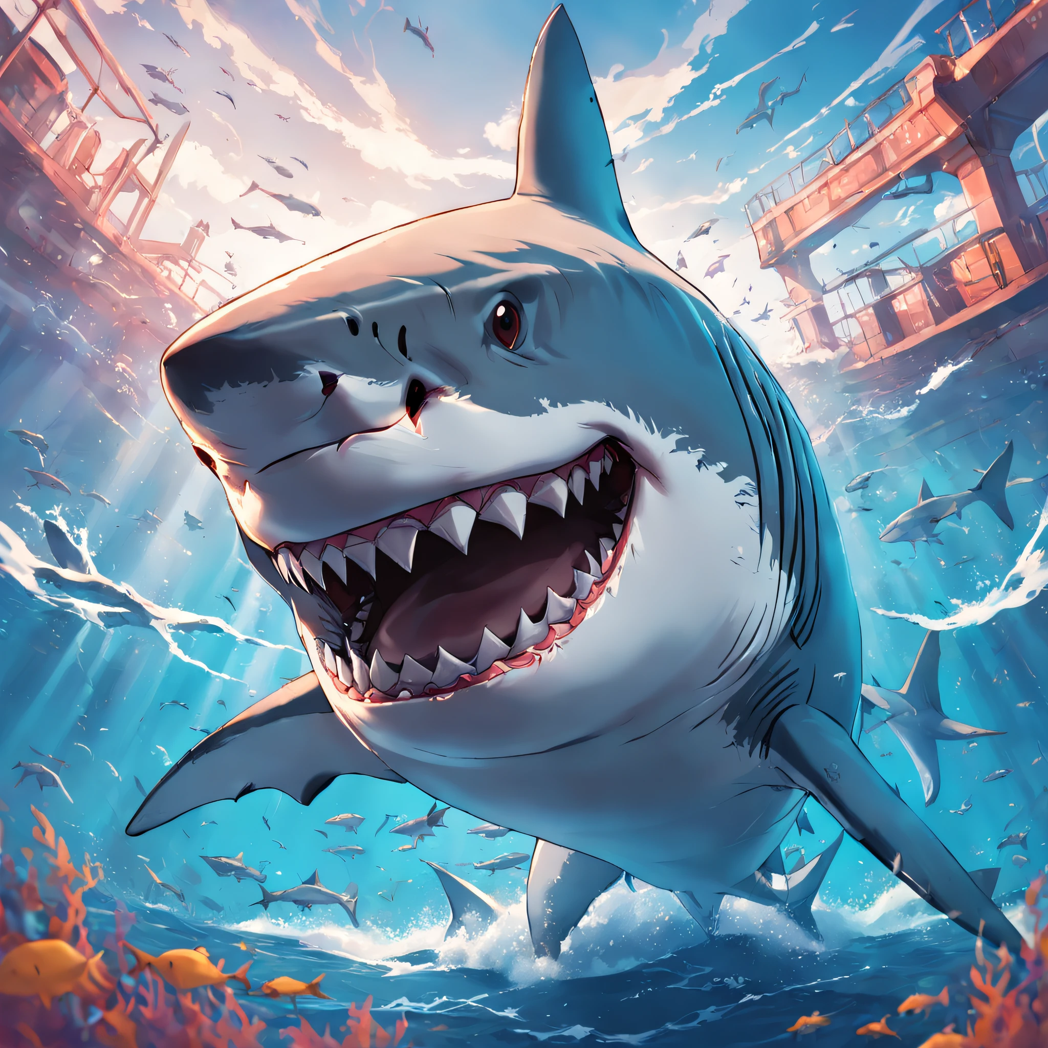 Stable Diffusion Prompt: Close-up of a fierce ocean shark with open ...