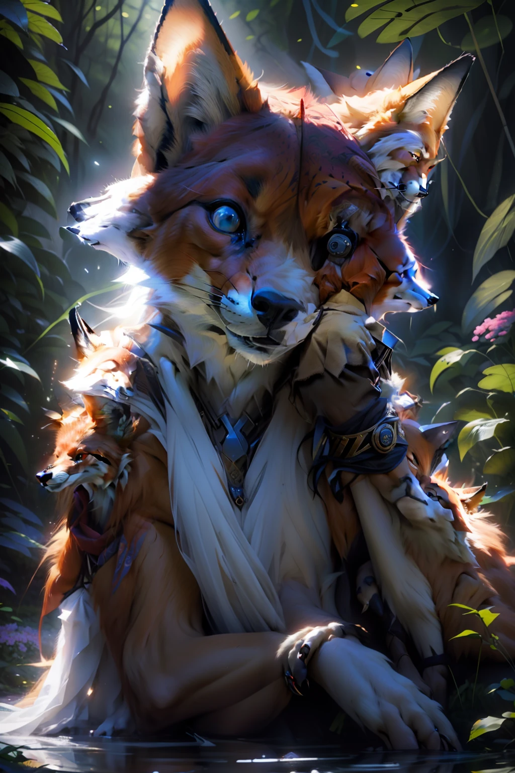 Stable Diffusion Prompt: A close up of a fox with a human body in the woods