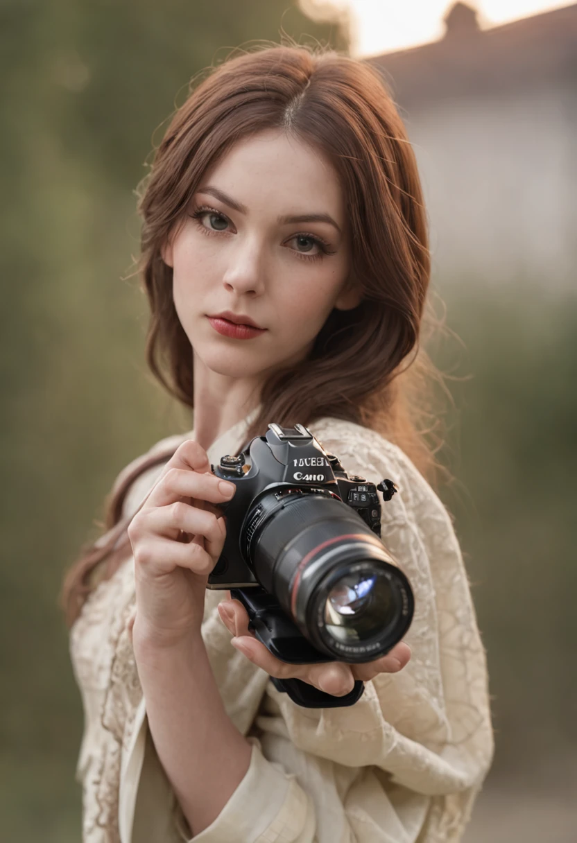 Stable Diffusion Prompt: Woman holding camera and posing for a photo ...