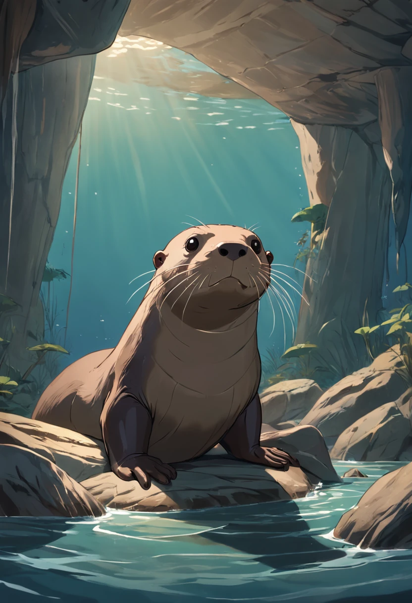 Stable Diffusion Prompt: A cartoon otter sitting on a rock in a cave