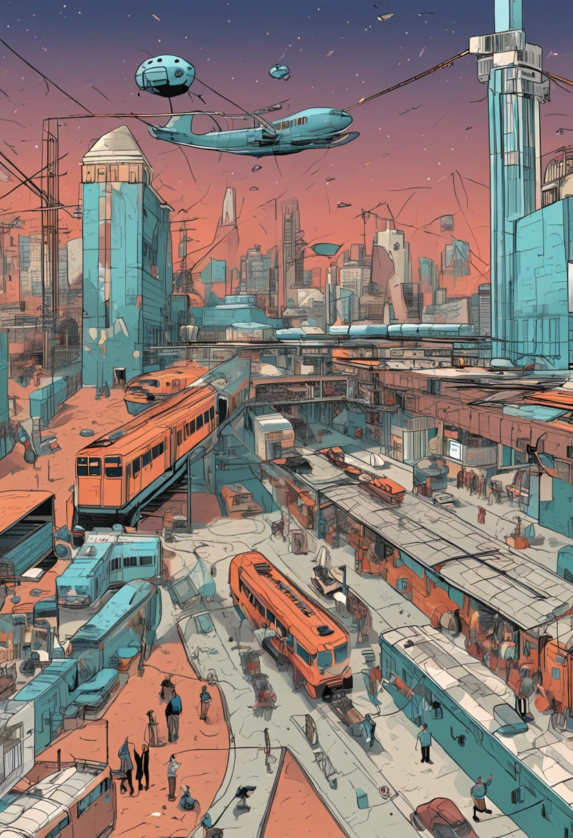 Stable Diffusion Prompt: City skyline with plane flying over train ...