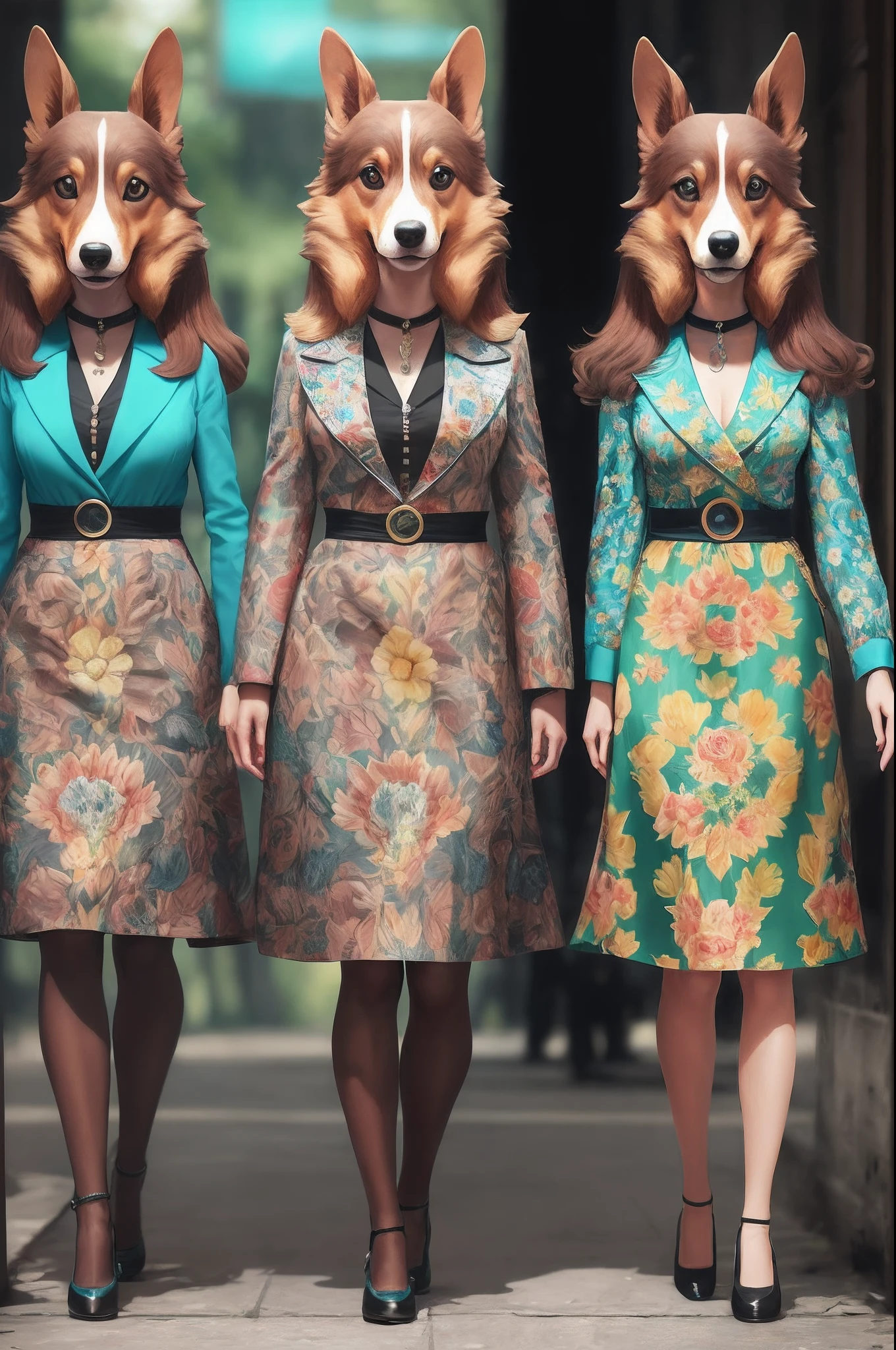 Stable Diffusion Prompt: Three dogs wearing dresses and hats walking ...