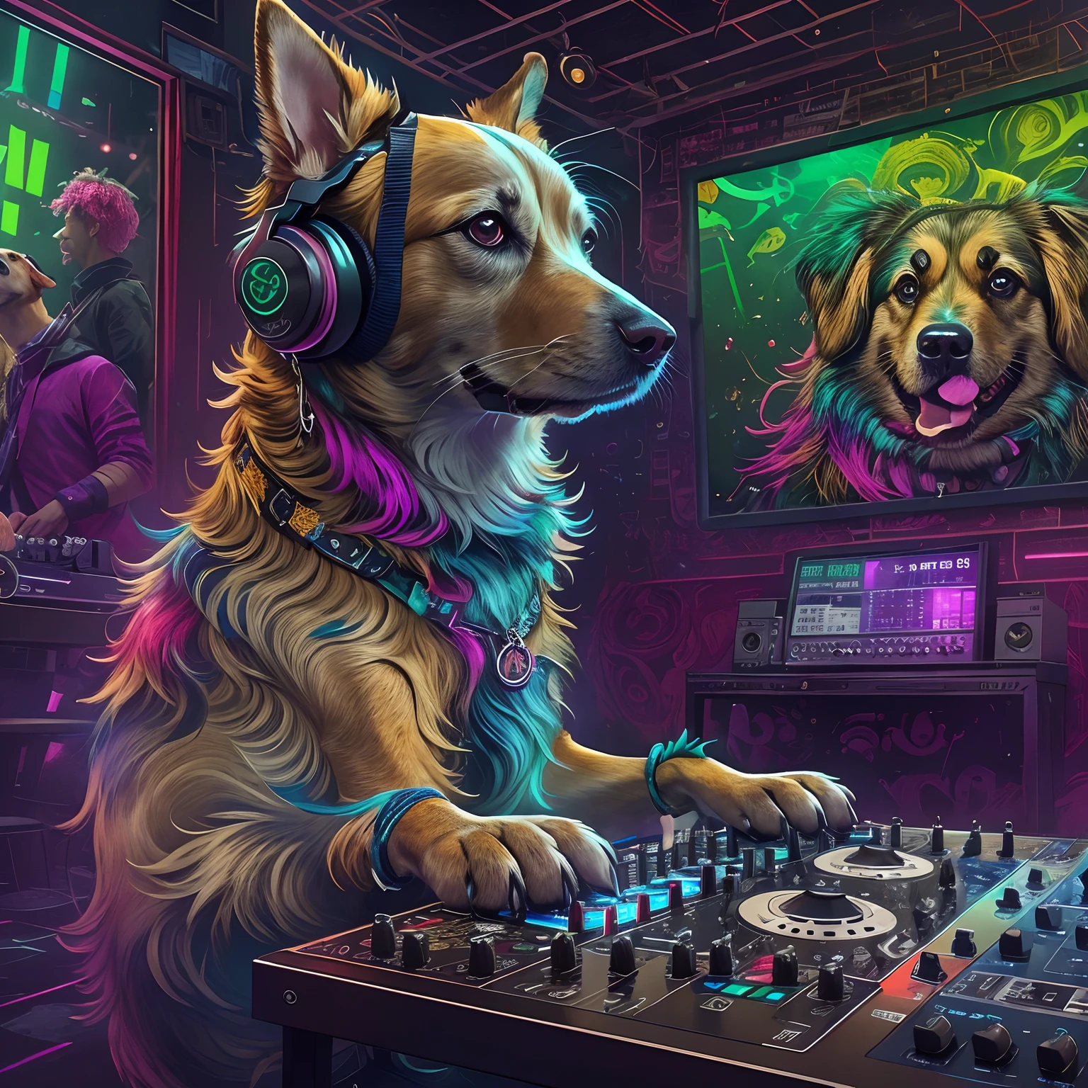 Stable Diffusion Prompt: Dog DJ: Adorable pup in headphones at a DJ's desk!