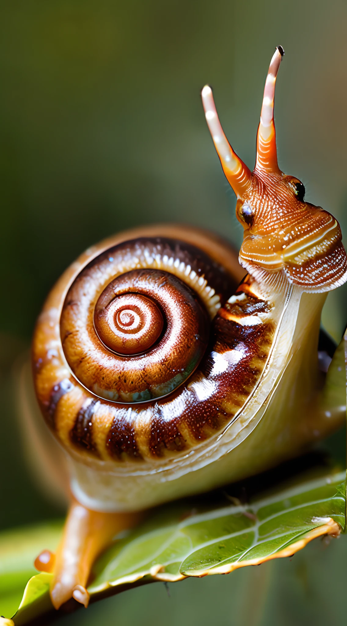 Stable Diffusion Prompt: Arafed snail on a leaf with a spiral pattern