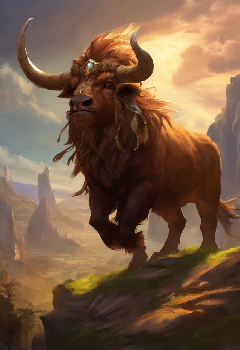 Stable Diffusion Prompt: Bull on hill painting, striking horned artwork, vibrant landscape scene