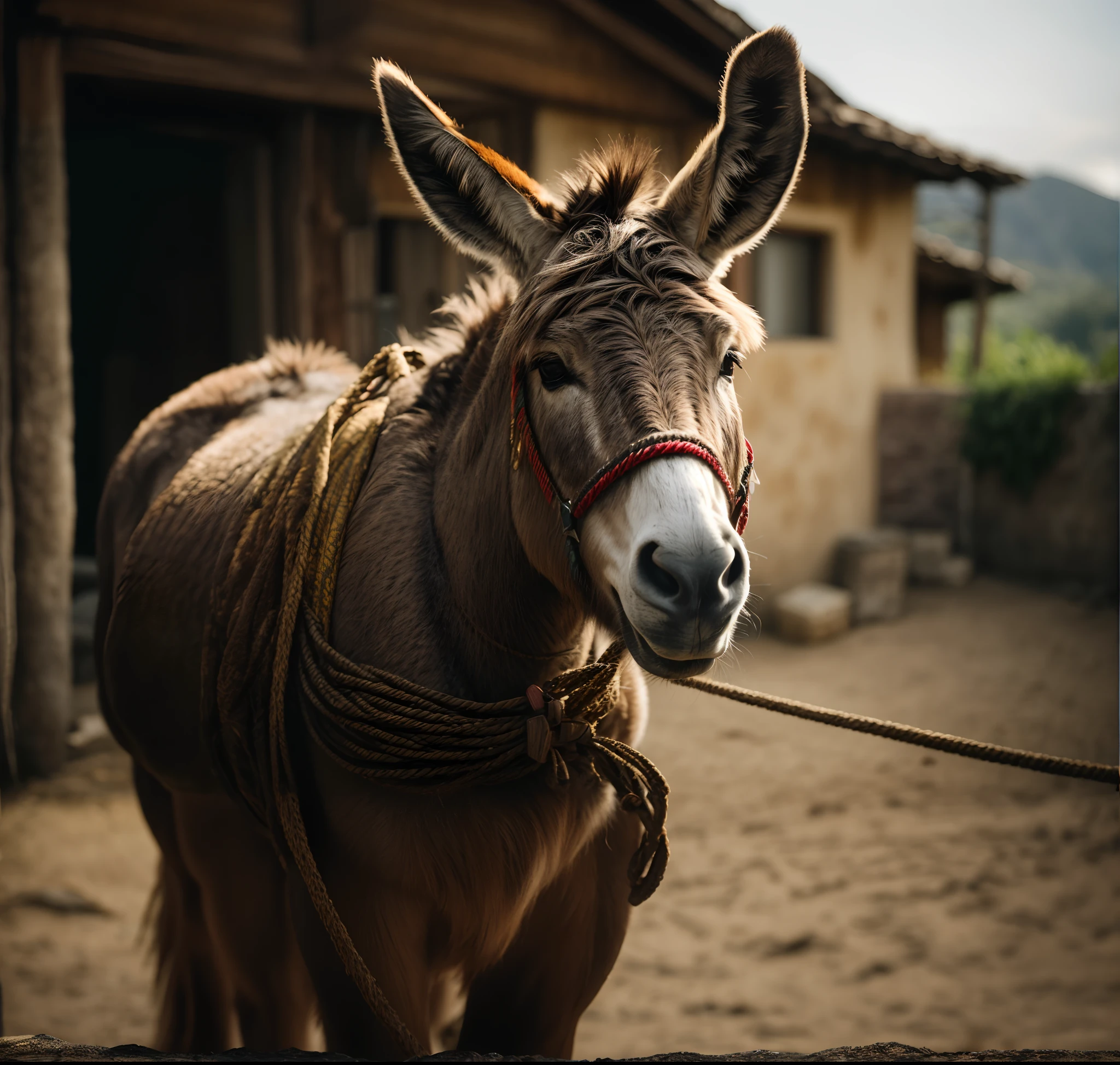 Stable Diffusion Prompt: Donkey tied to rope outside building: a rustic ...