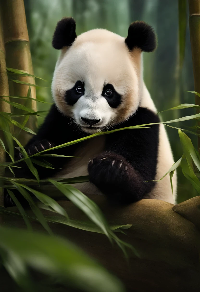 Stable Diffusion Prompt: Panda bear sitting on a rock eating bamboo leaves in a forest