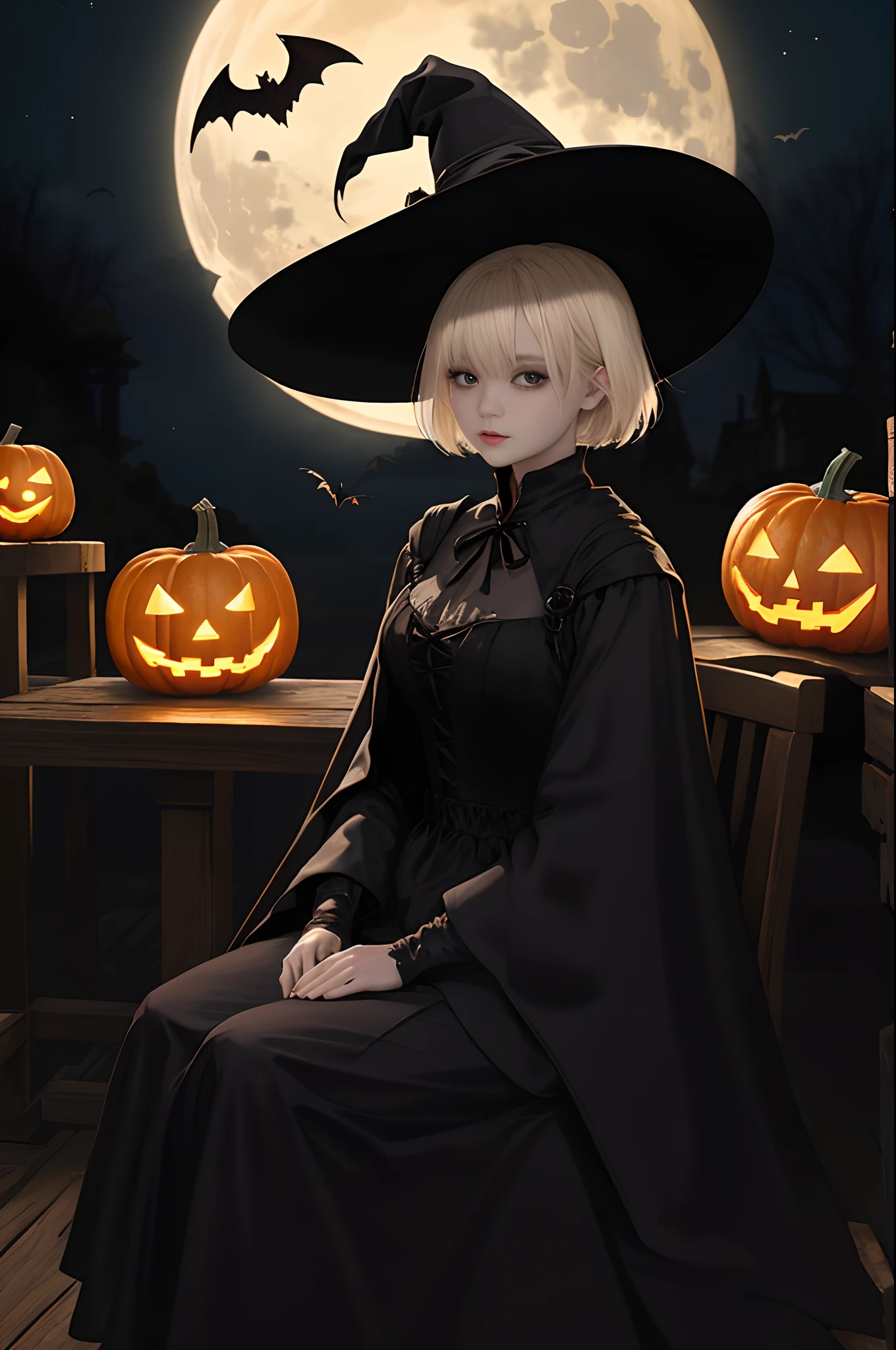 Stable Diffusion Prompt: Witch sitting on bench with pumpkins and bats ...