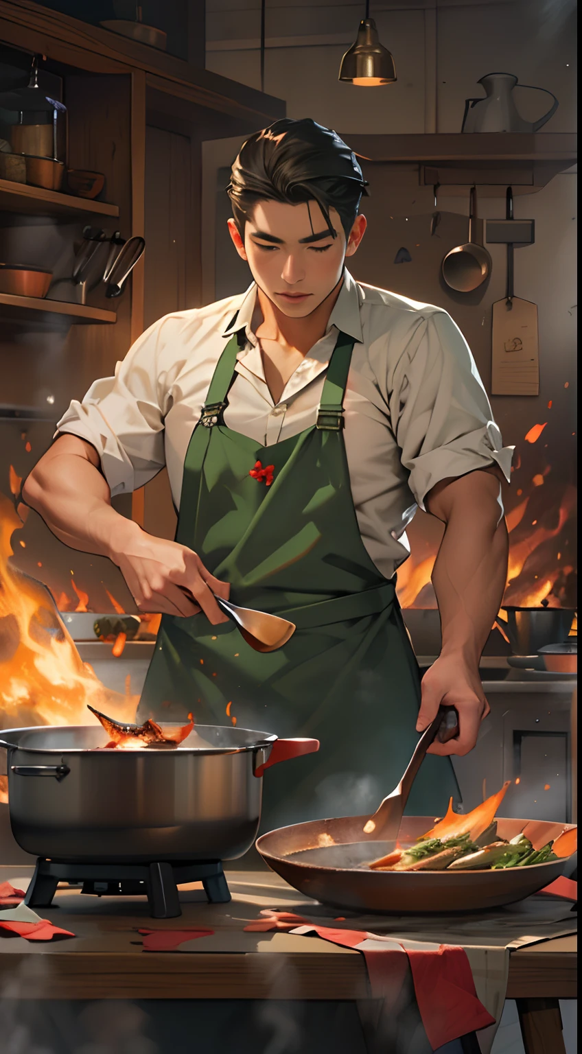 Stable Diffusion Prompt: Man cooking with fire in kitchen—a fiery ...