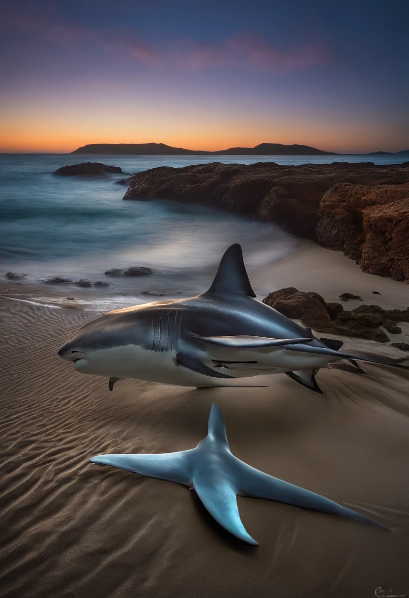 Stable Diffusion Prompt: Sharks at sunset on the beach with ocean backdrop