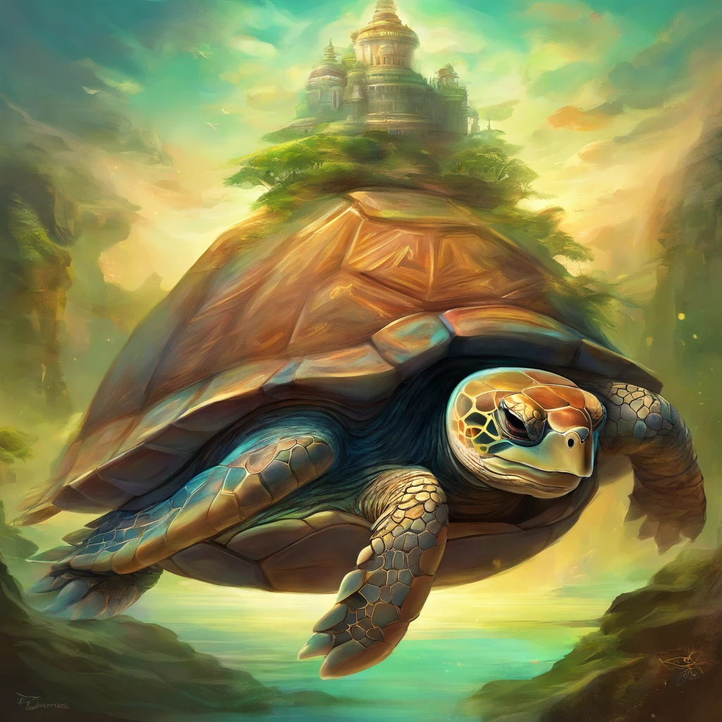 Stable Diffusion Prompt: Vibrant turtle painting featuring a castle in ...