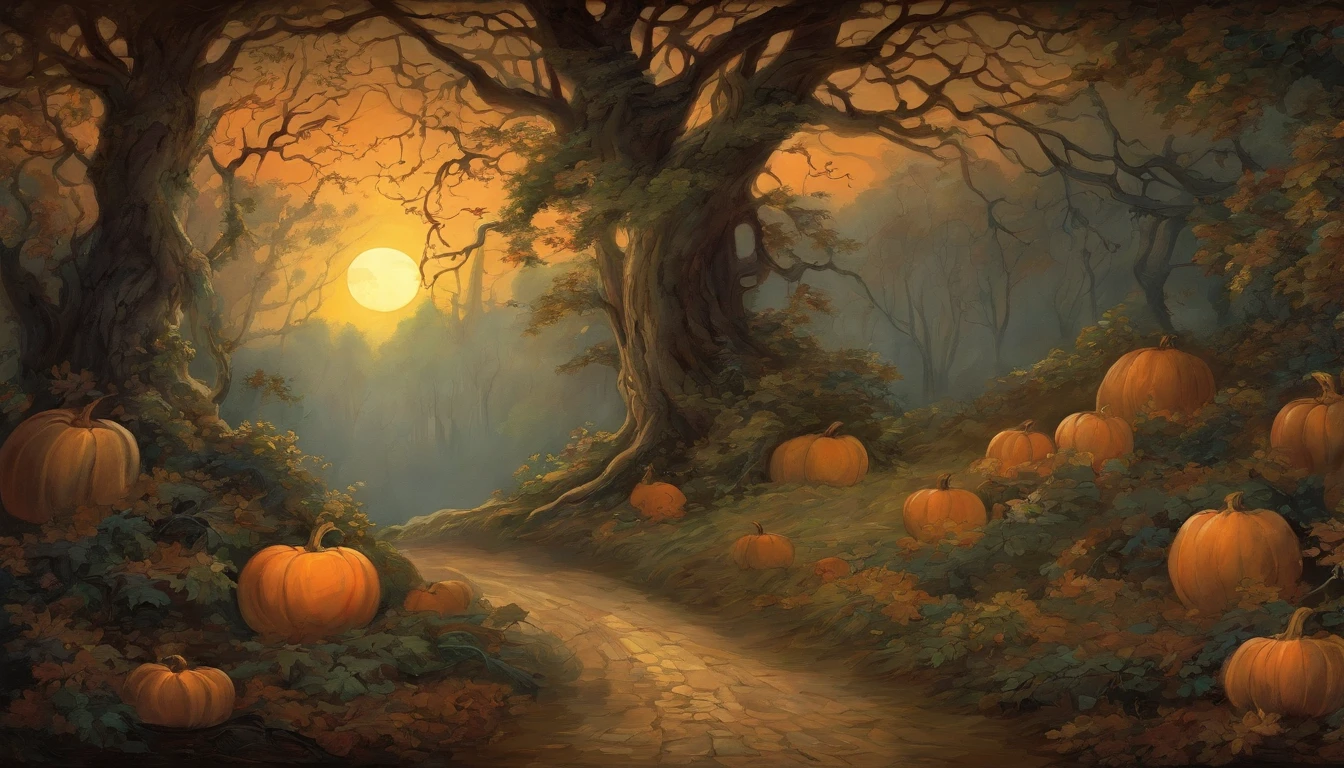 Stable Diffusion Prompt: Autumn forest path with pumpkins — perfect fall decor scene