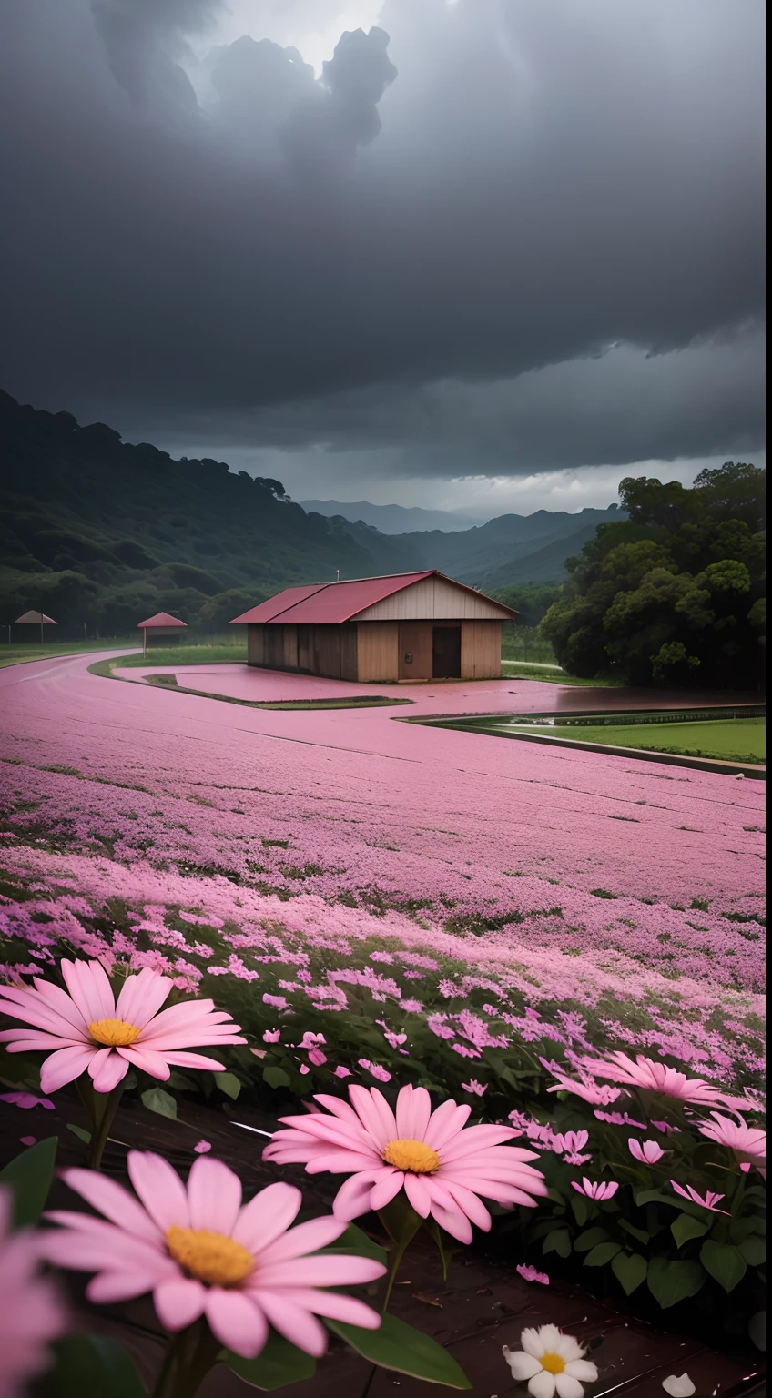 Stable Diffusion Prompt: Colorful flowers and a house create a charming ...