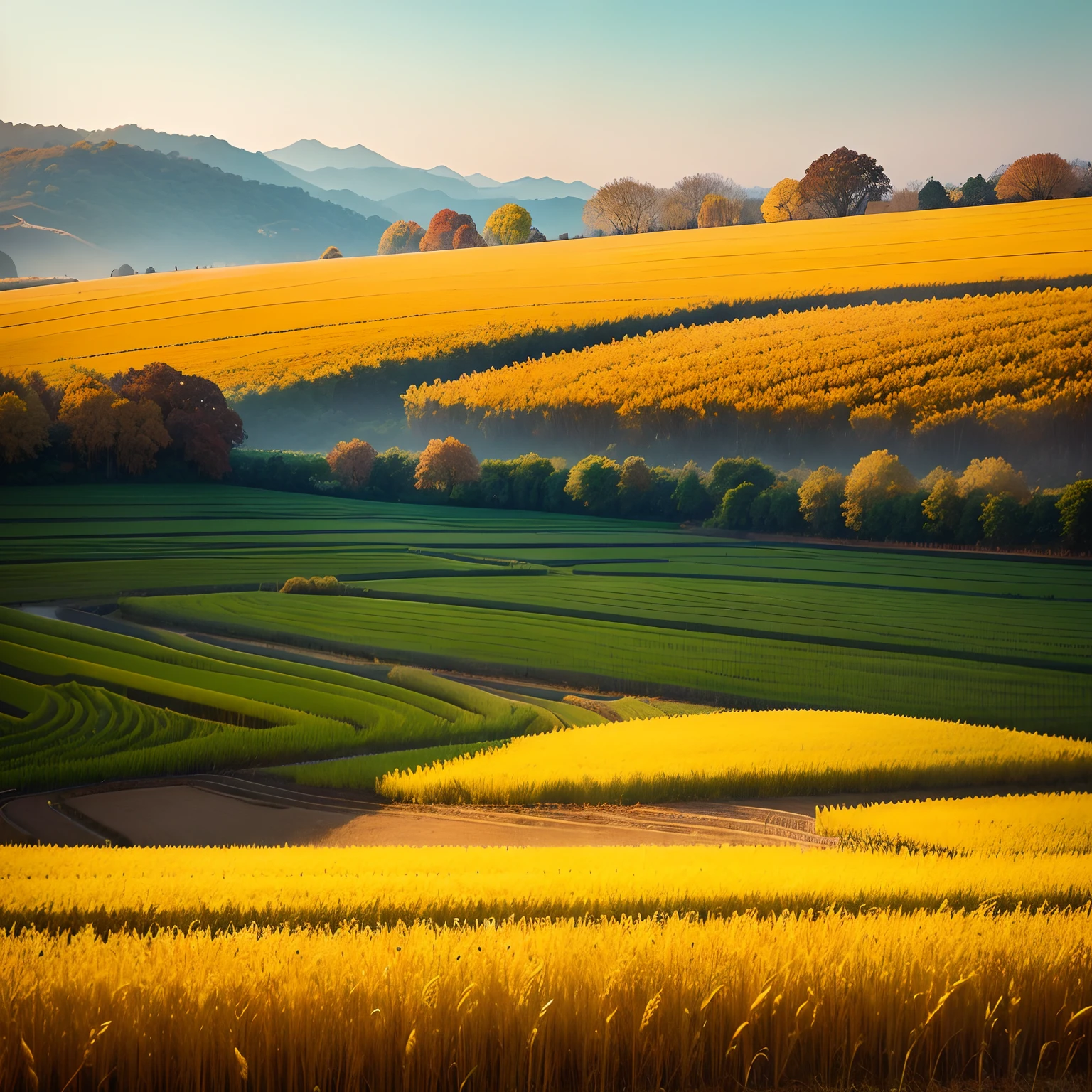 Stable Diffusion Prompt: Scenic farmland with rolling hills and vibrant ...