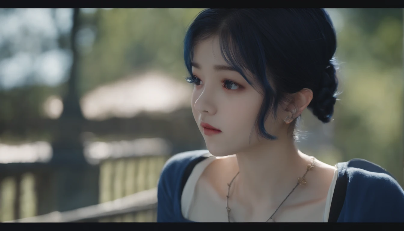 Stable Diffusion Prompt: Blue-haired woman with necklace gazes at ...