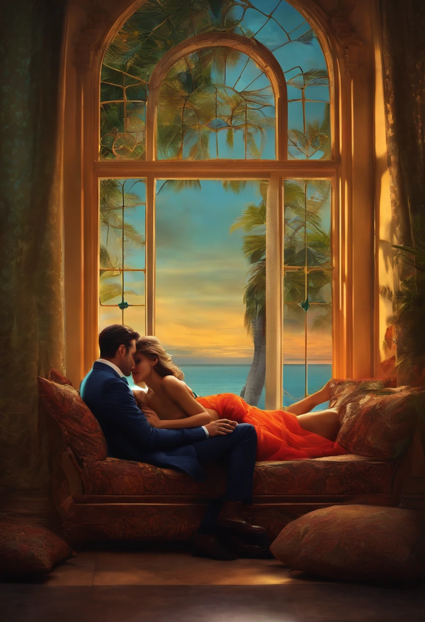 Stable Diffusion Prompt: Painting of man and woman on couch by window ...