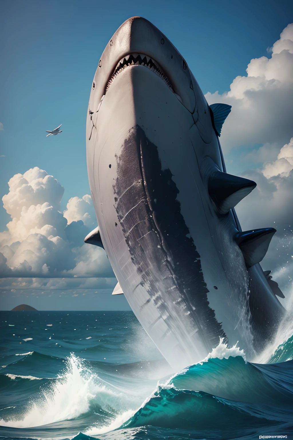 Stable Diffusion Prompt: A large shark is jumping out of the water with ...