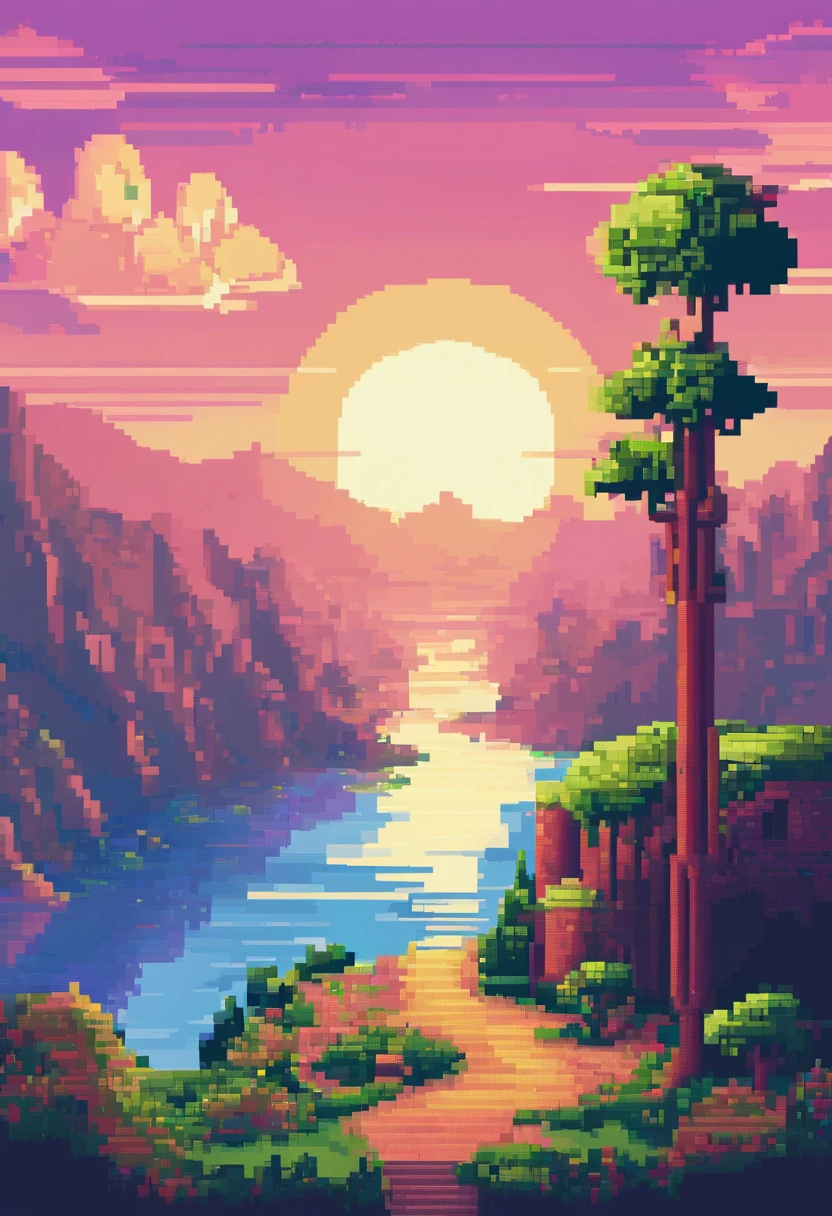 Stable Diffusion Prompt: Pixel art landscape with river and tree, vibrant retro style