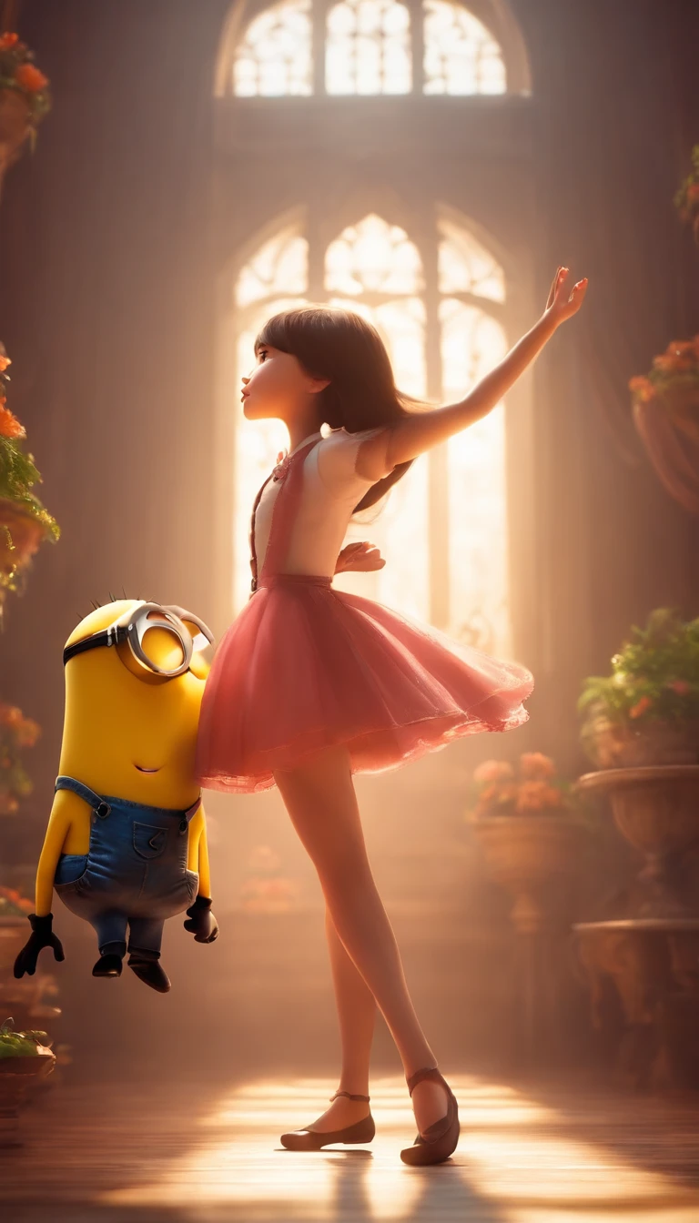 Stable Diffusion Prompt: Girl in pink dress holds vibrant Minion balloon happily