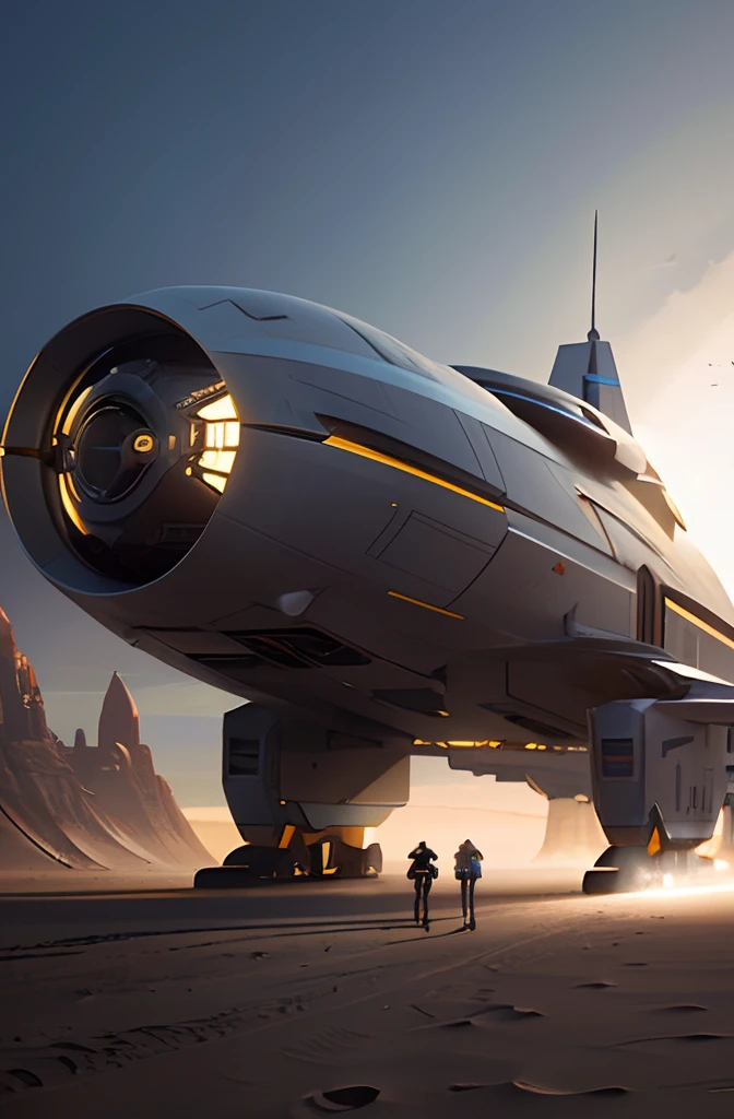 Stable Diffusion Prompt: Desert spaceship scene with two people standing, exploration theme