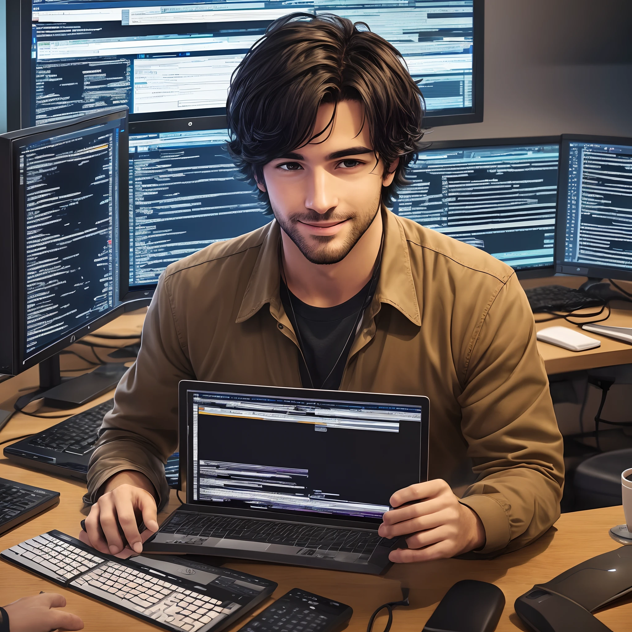Stable Diffusion Prompt: Arab man using laptop at desk, enhancing productivity
