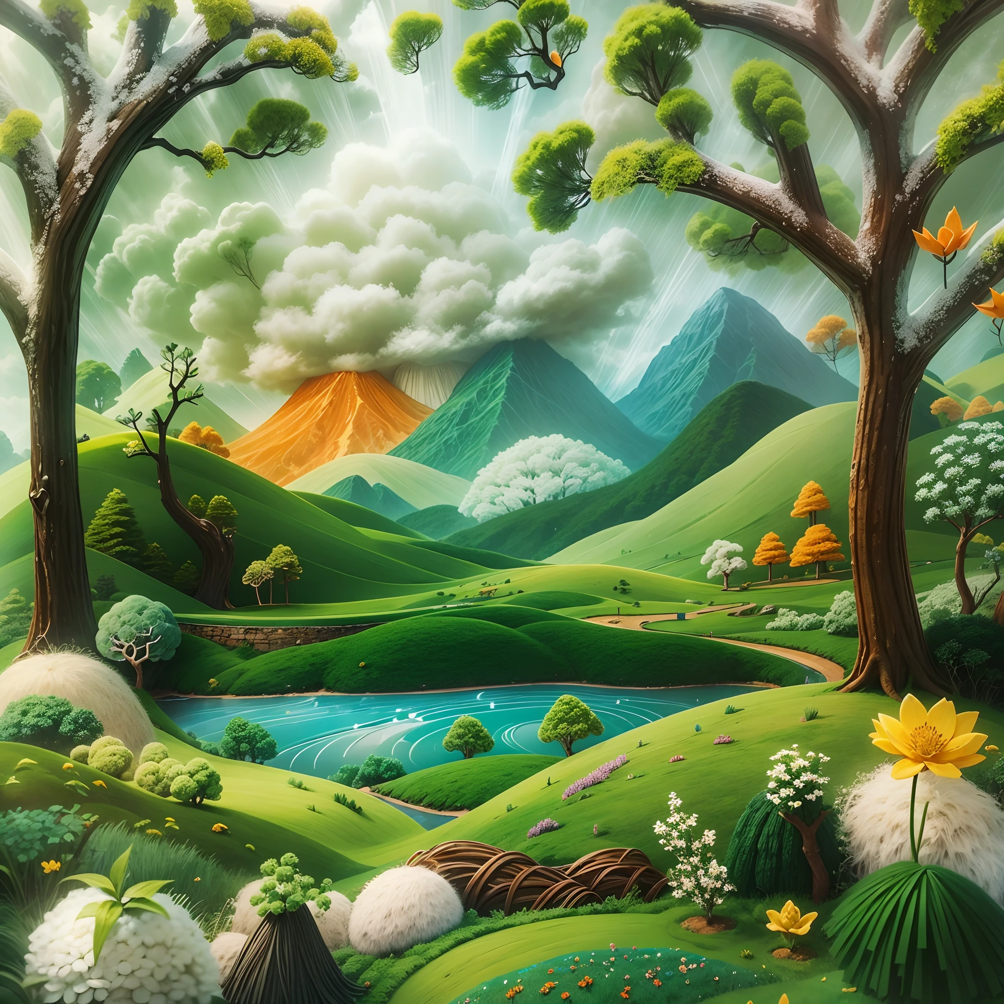 Stable Diffusion Prompt: Painting of a green landscape with a river and trees