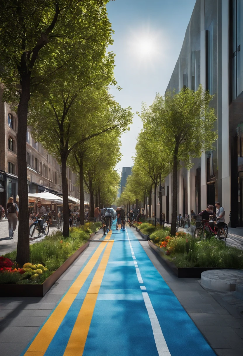 Stable Diffusion Prompt: Street view with vibrant blue and yellow bike ...