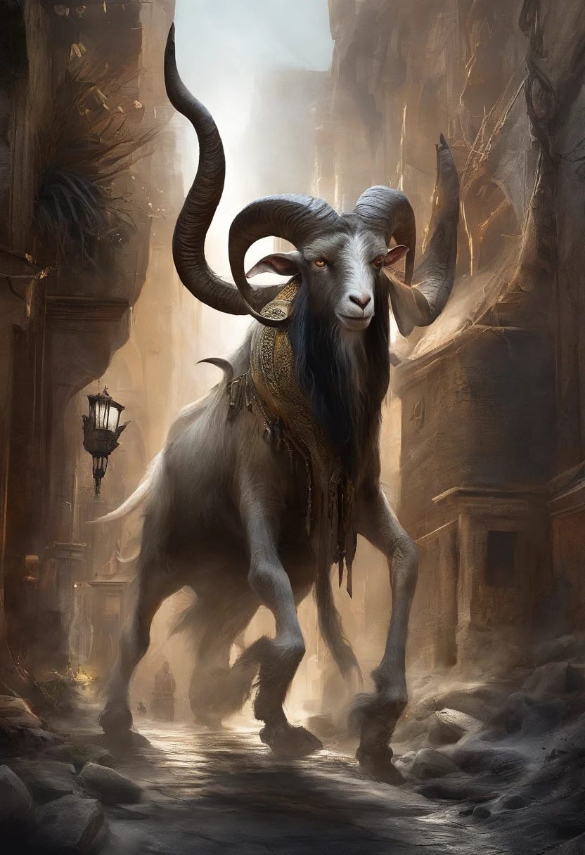 Stable Diffusion Prompt: Goat with horns walking through narrow street ...