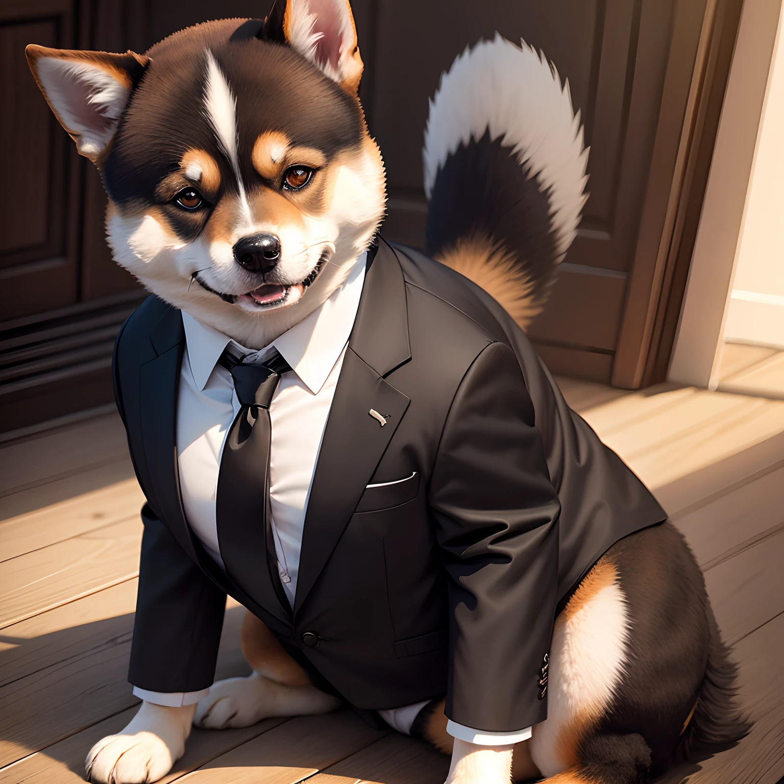 Stable Diffusion Prompt: A dapper dog in a suit sitting on wooden floor ...