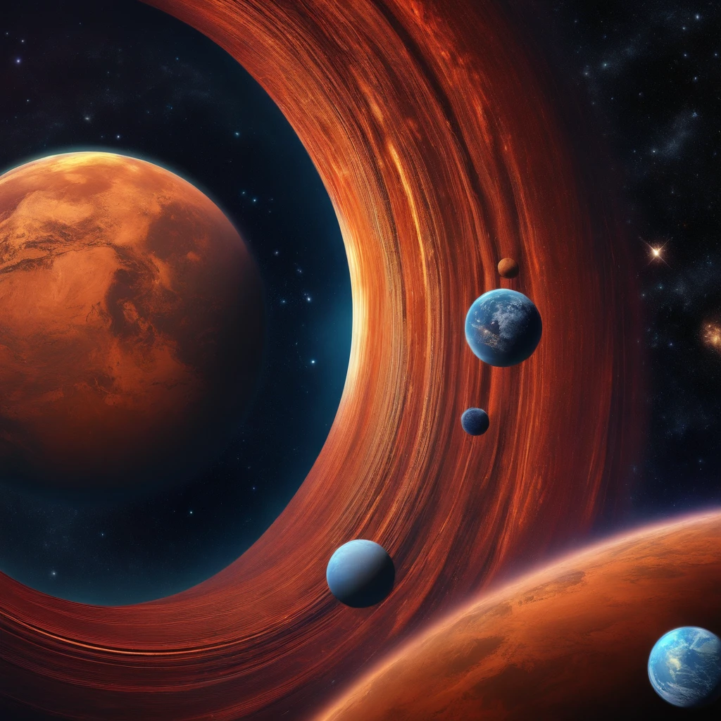 Stable Diffusion Prompt: Stunning planetary scene featuring planets and a vibrant red star