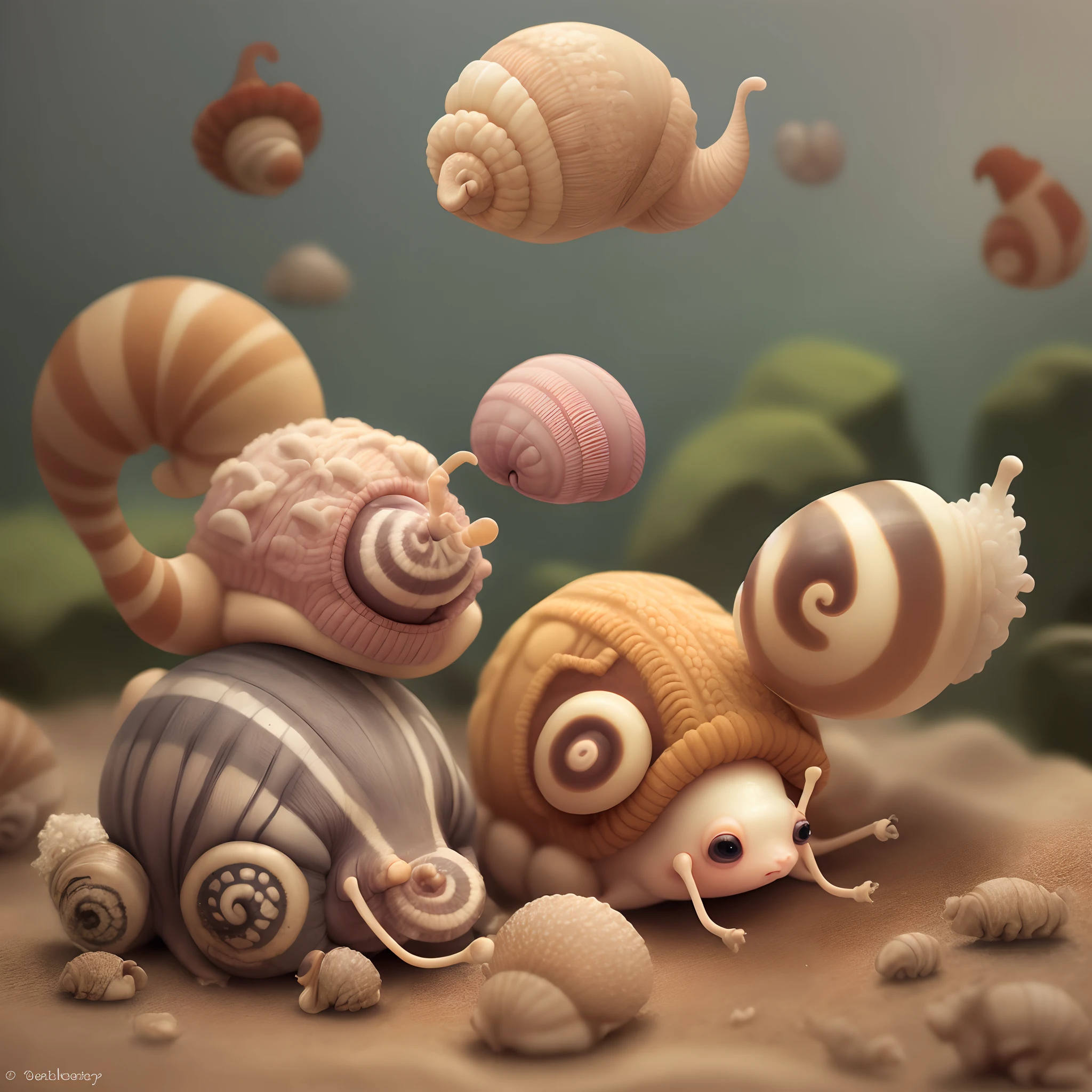 Stable Diffusion Prompt: Floating shells and snails create a surreal airborne spectacle