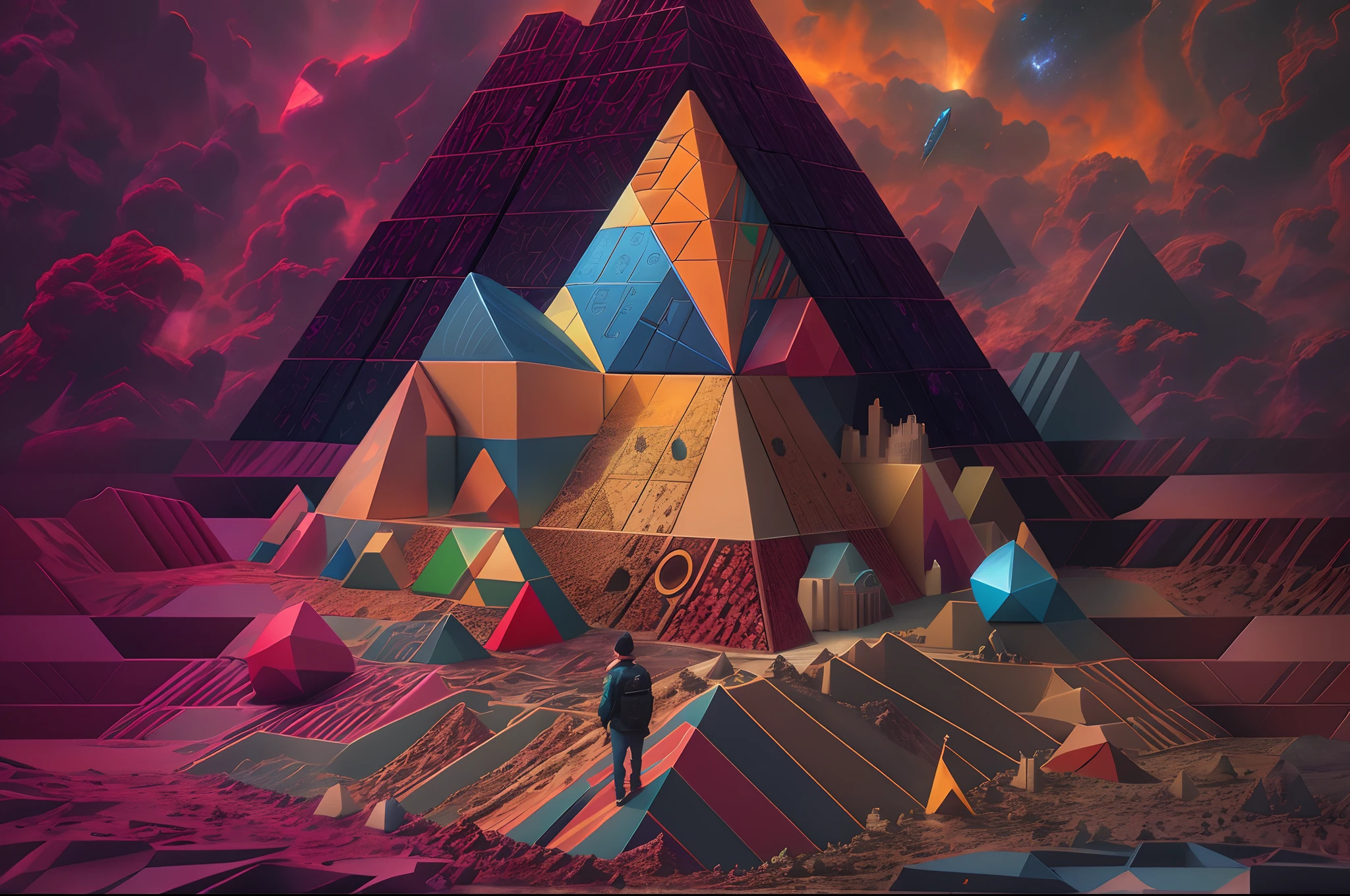 Stable Diffusion Prompt: Person standing before a pyramid with sky ...