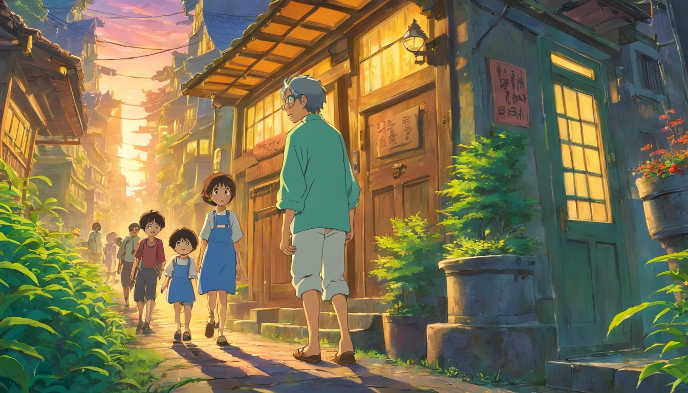 Stable Diffusion Prompt: Man walks with two children on village street