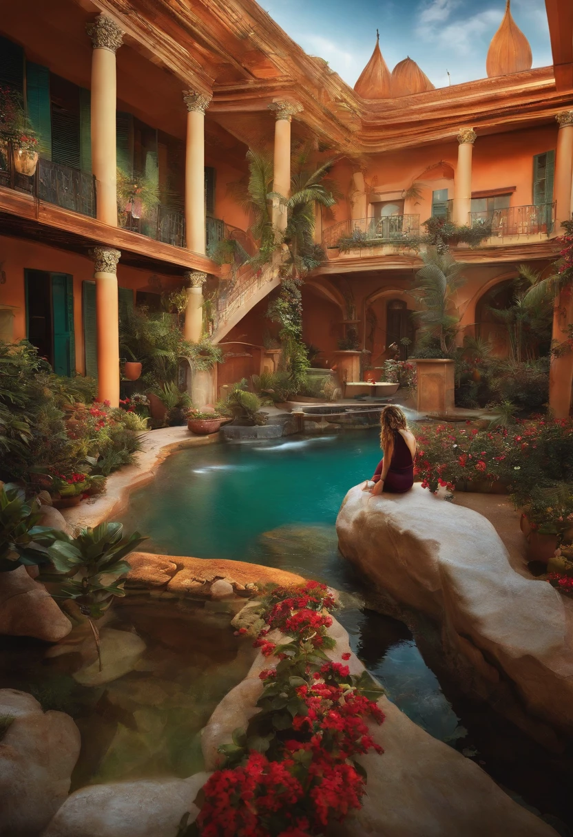 Stable Diffusion Prompt: Woman sitting on rock in pool painting ...