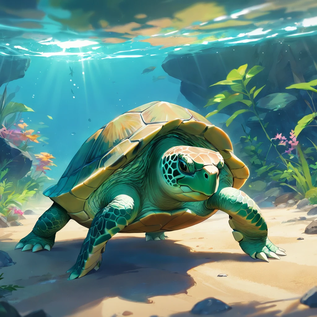 Stable Diffusion Prompt: Turtle in the water with a fish and plants in ...