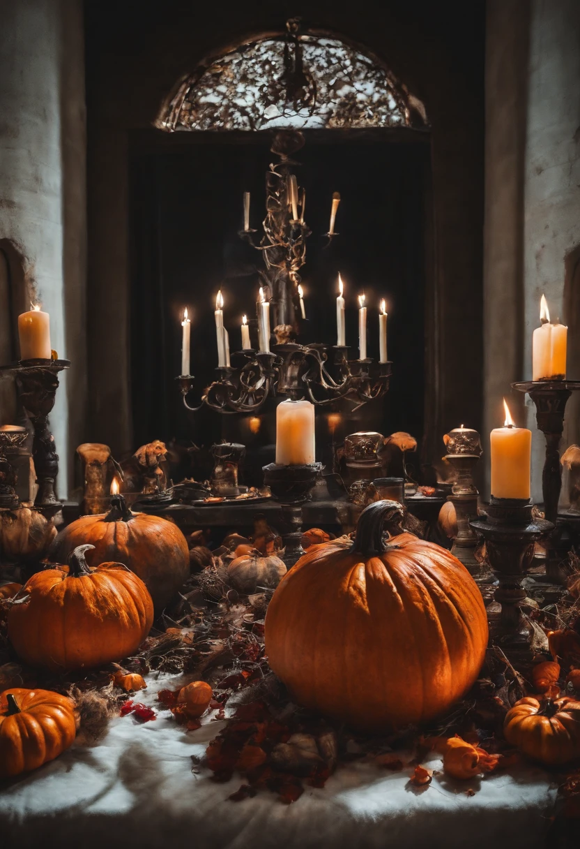 Stable Diffusion Prompt: Cozy fall scene with candles, pumpkins, and chandelier decor