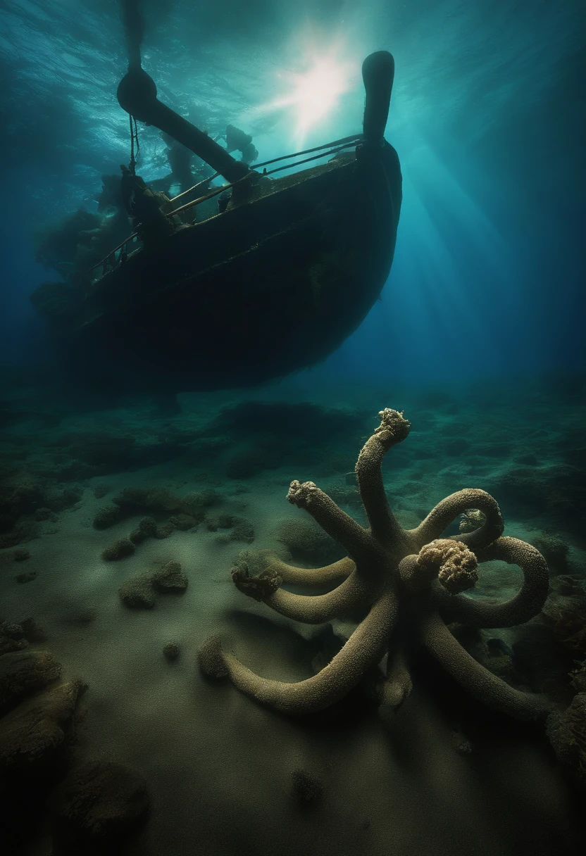Stable Diffusion Prompt: Boat with octopus underside, marine life discovery