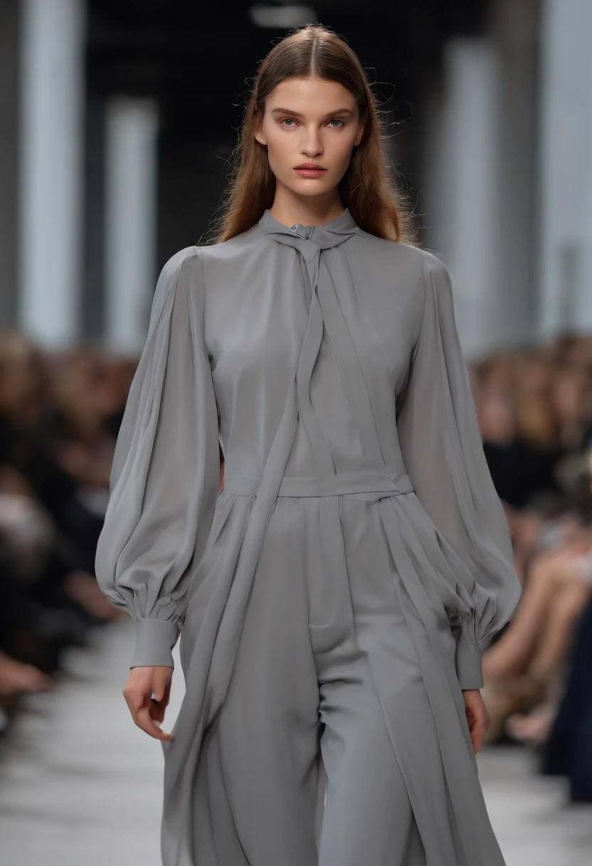 Stable Diffusion Prompt: Model showcases chic gray dress on runway with ...