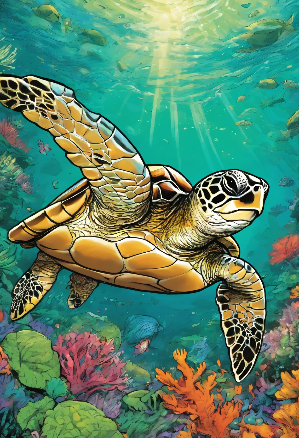 Stable Diffusion Prompt: Turtle swimming among vibrant ocean corals ...