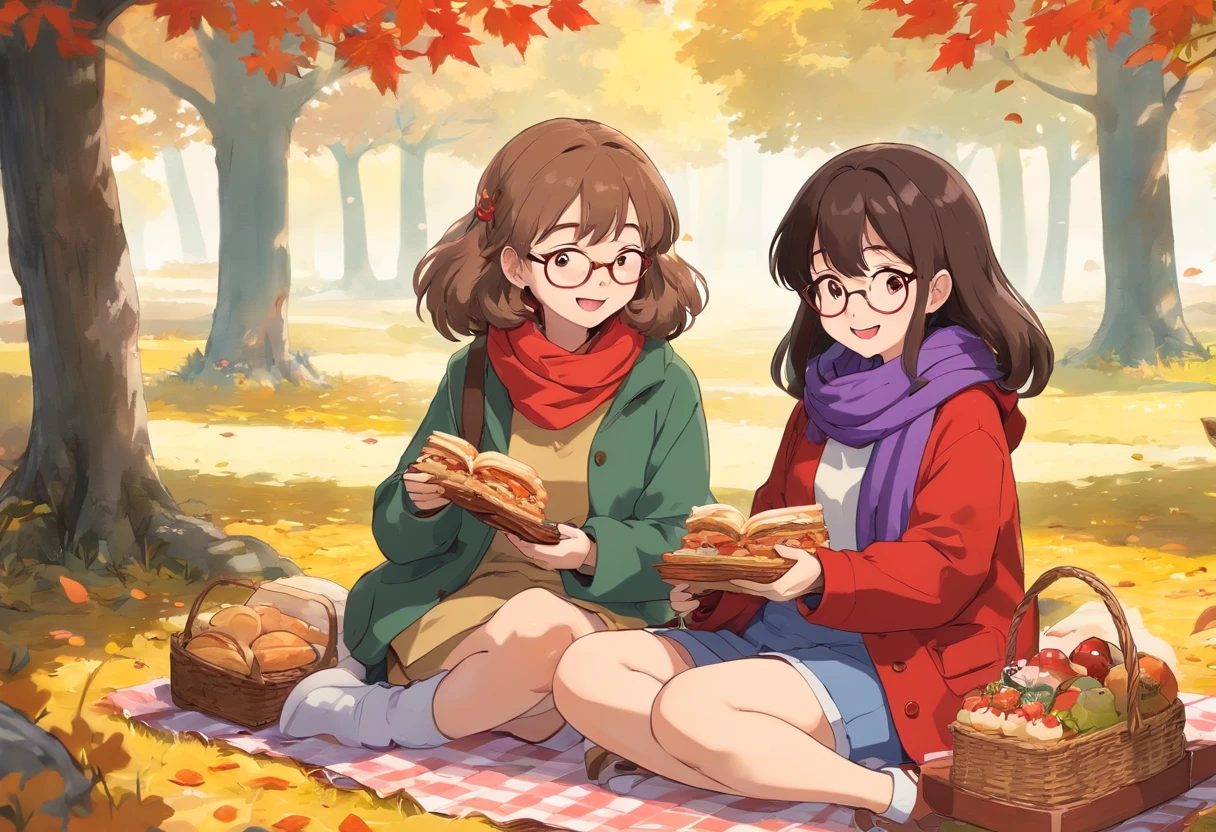 Stable Diffusion Prompt: Two girls enjoy sandwiches on a blanket in the ...