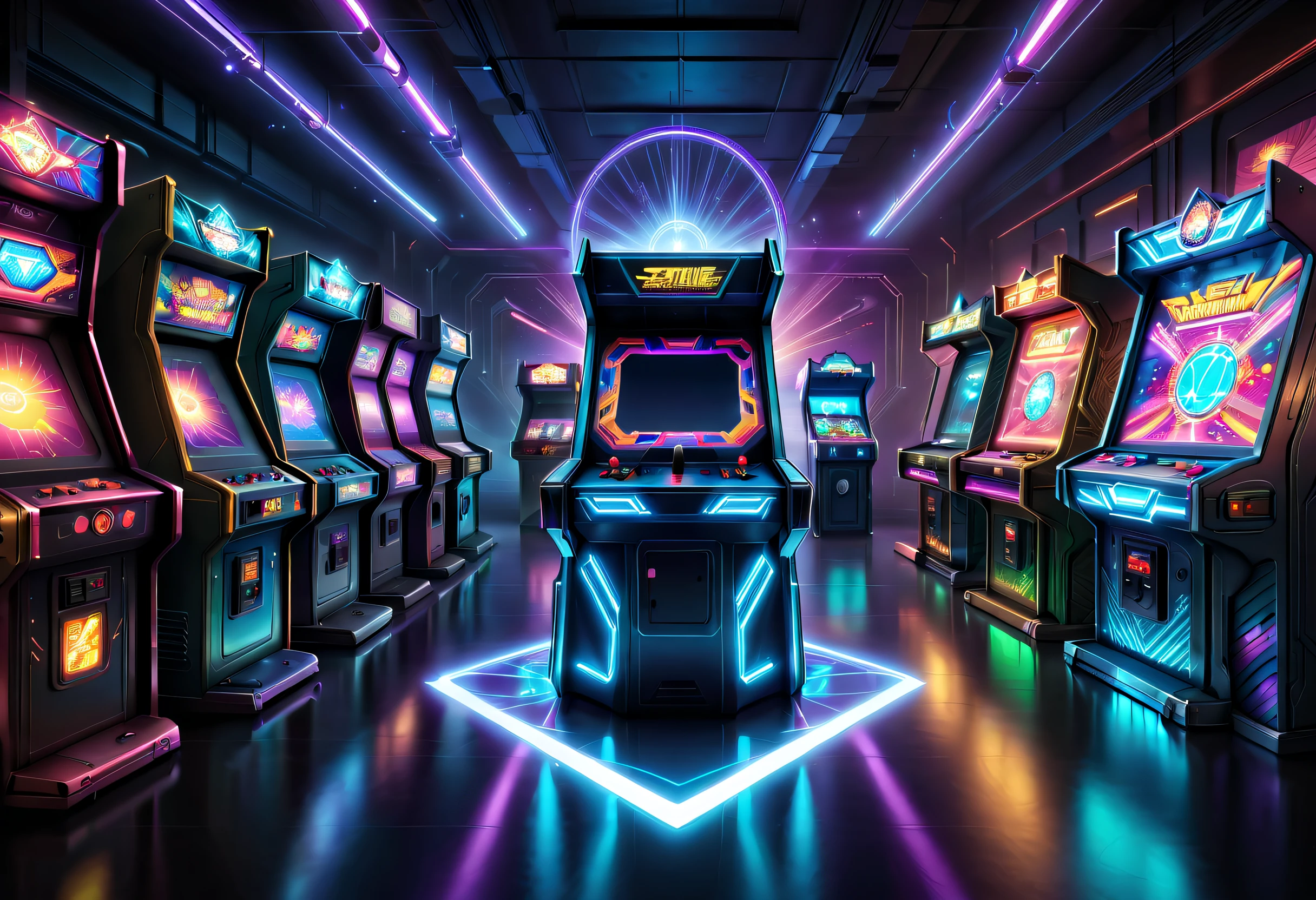 Stable Diffusion Prompt: A group of arcade machines in a room with neon ...