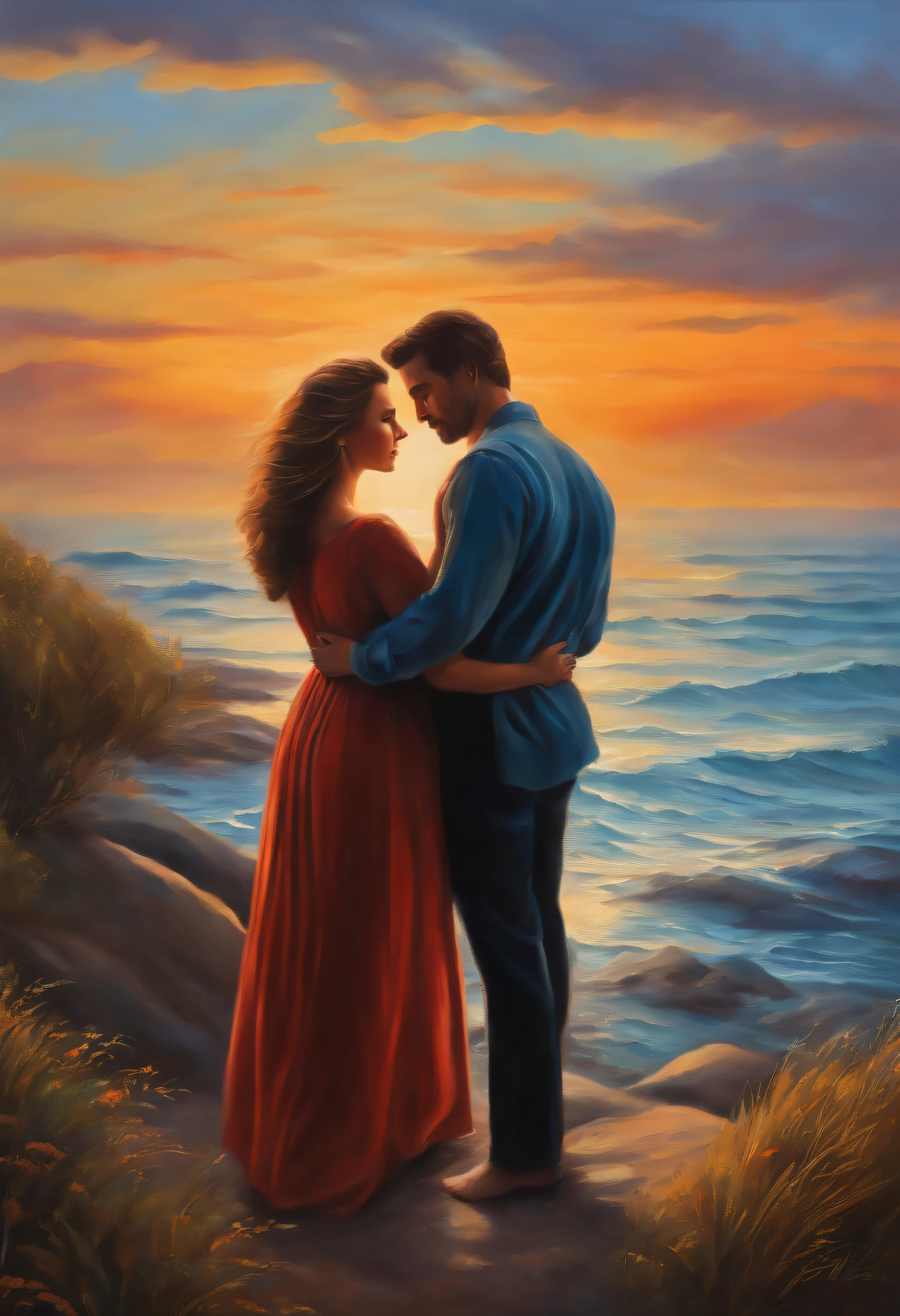 Stable Diffusion Prompt: Couple embraces on a beach at sunset in ...