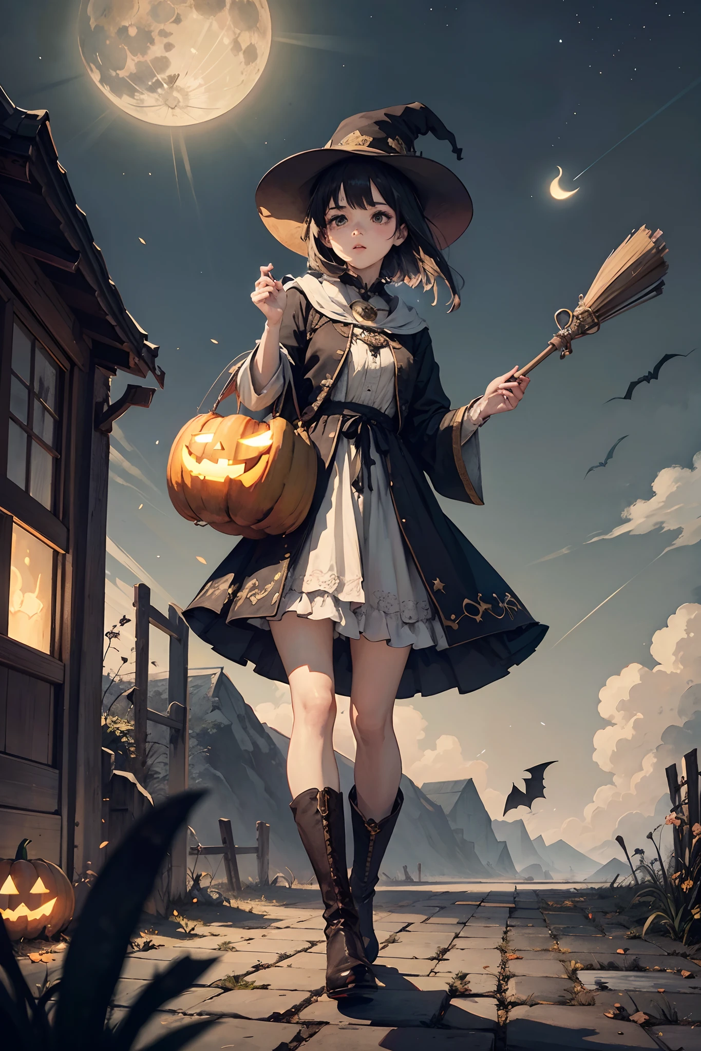 Stable Diffusion Prompt: Woman in witch costume with pumpkin and broom ...